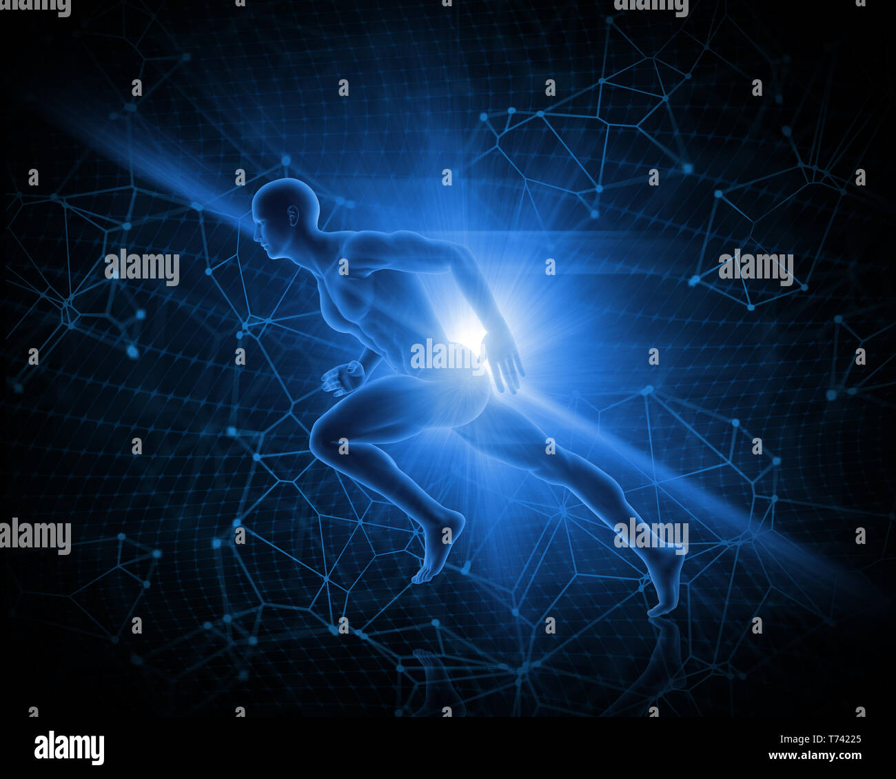 3D render of a male figure in sprinting pose on abstract low poly ...