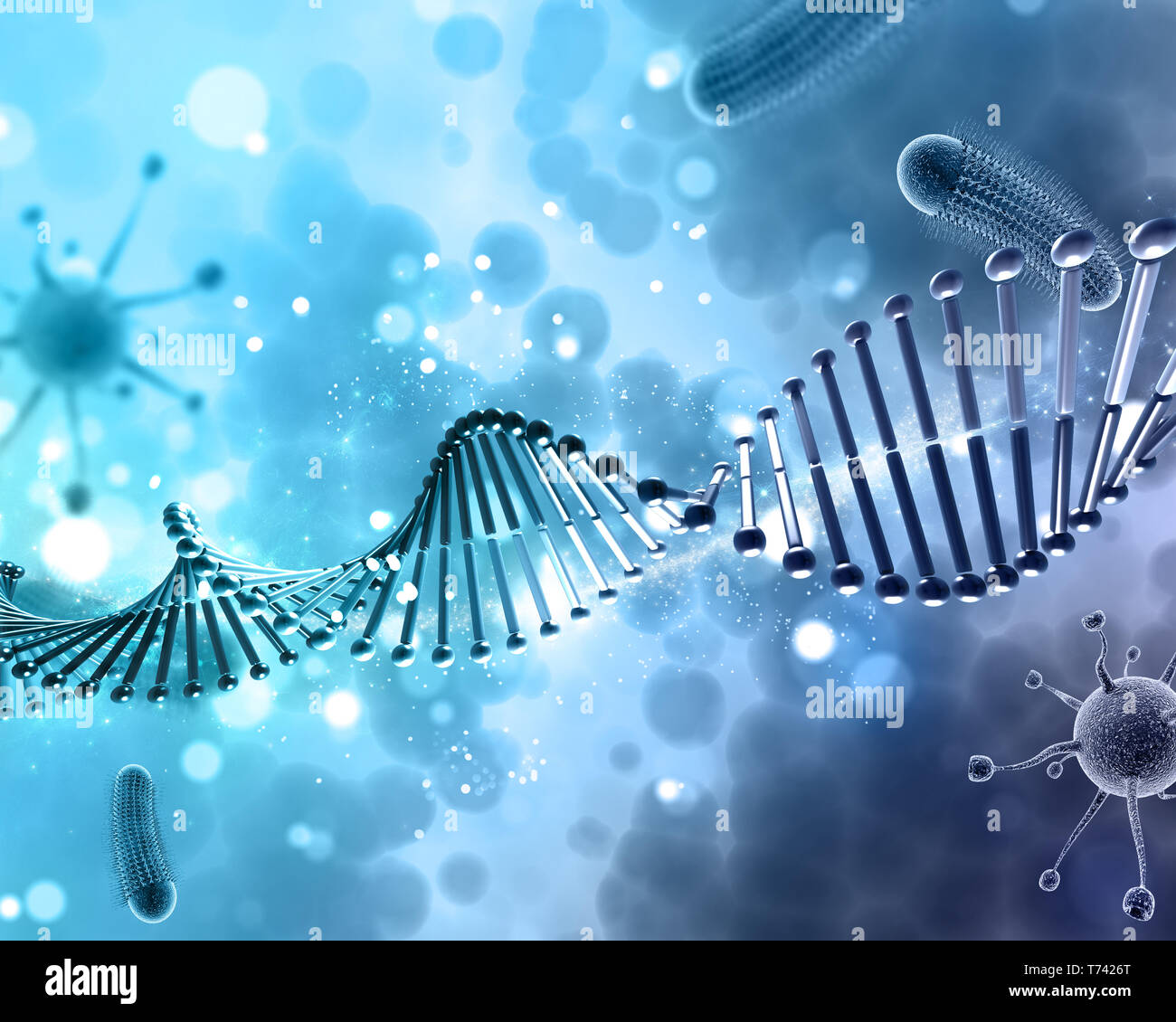 3D render of a medical background with DNA strand and virus cells Stock ...
