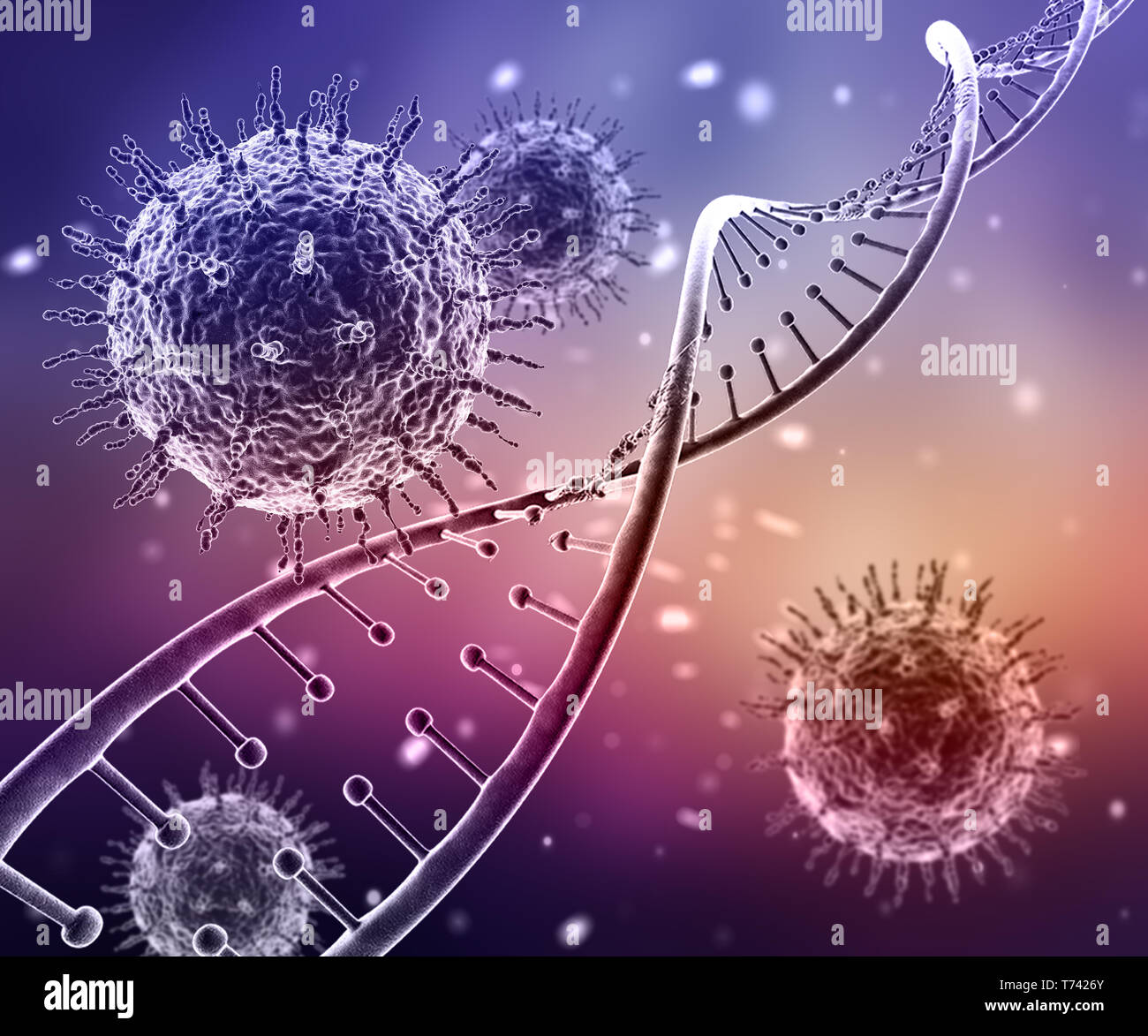 3D render of a medical background with DNA strand and virus cells Stock ...