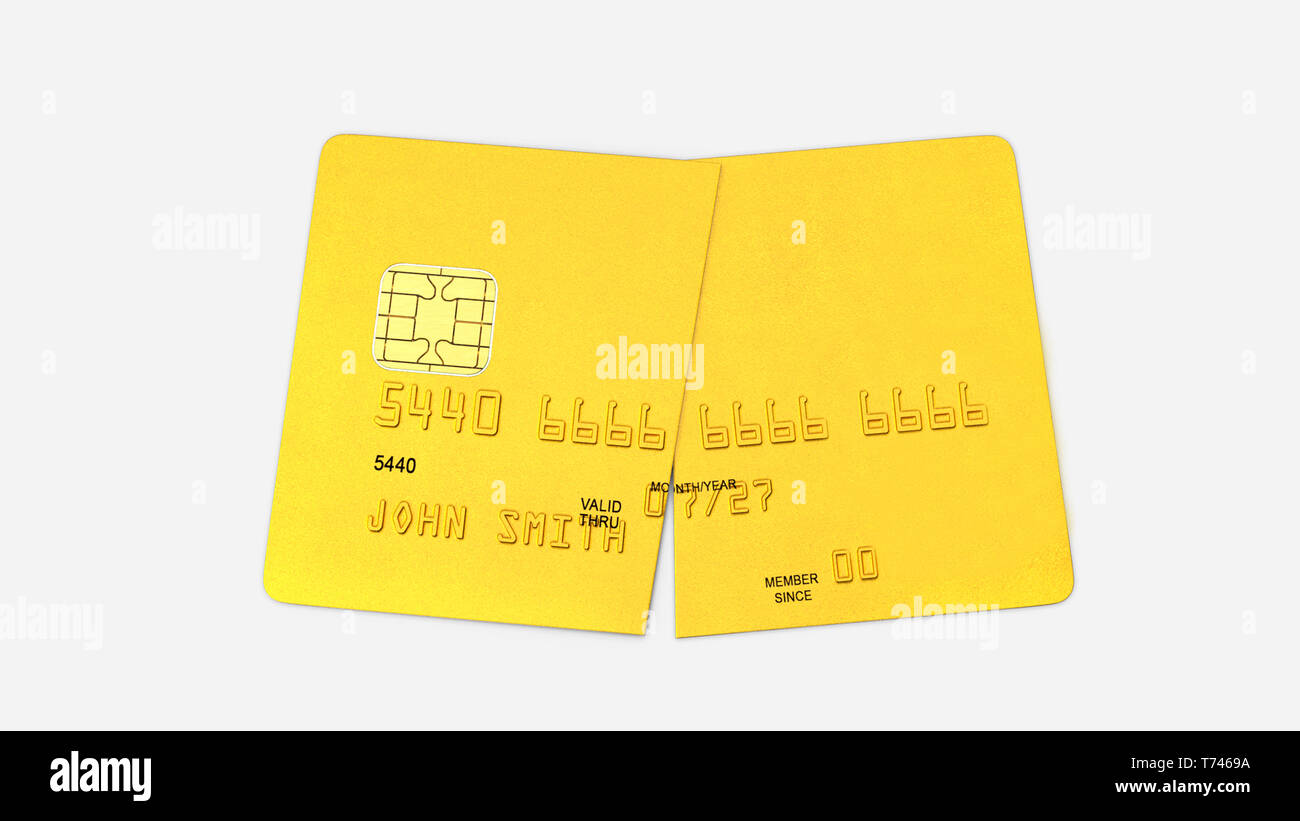 Credit card cut in half, gold plastic payment card isolated on white ...