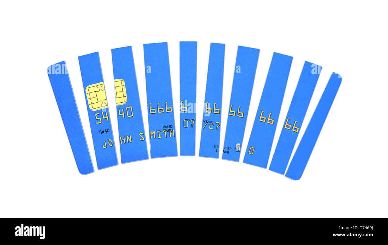 Credit card cut into pieces, blue plastic payment card isolated on ...