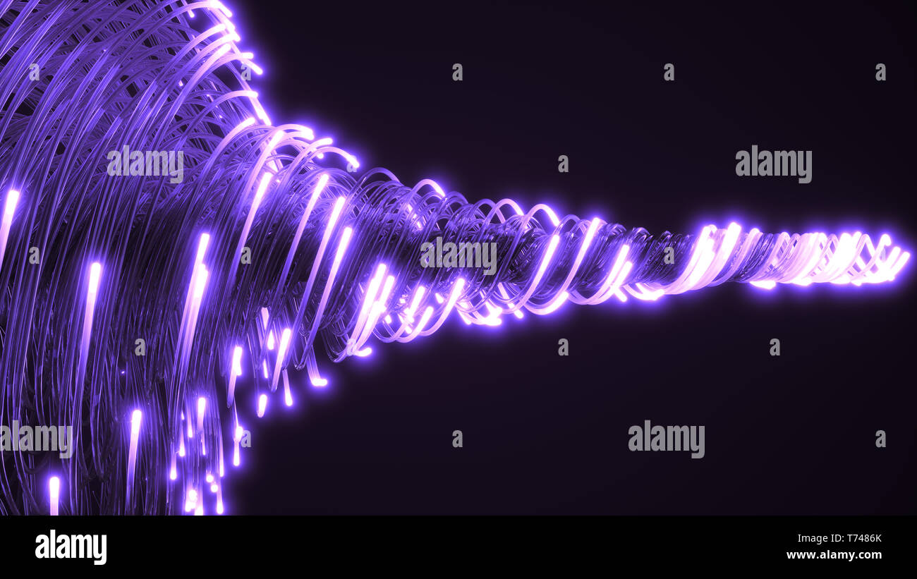 purple fiber optic cables vortex. glass strings glowing in dark. 3d ...