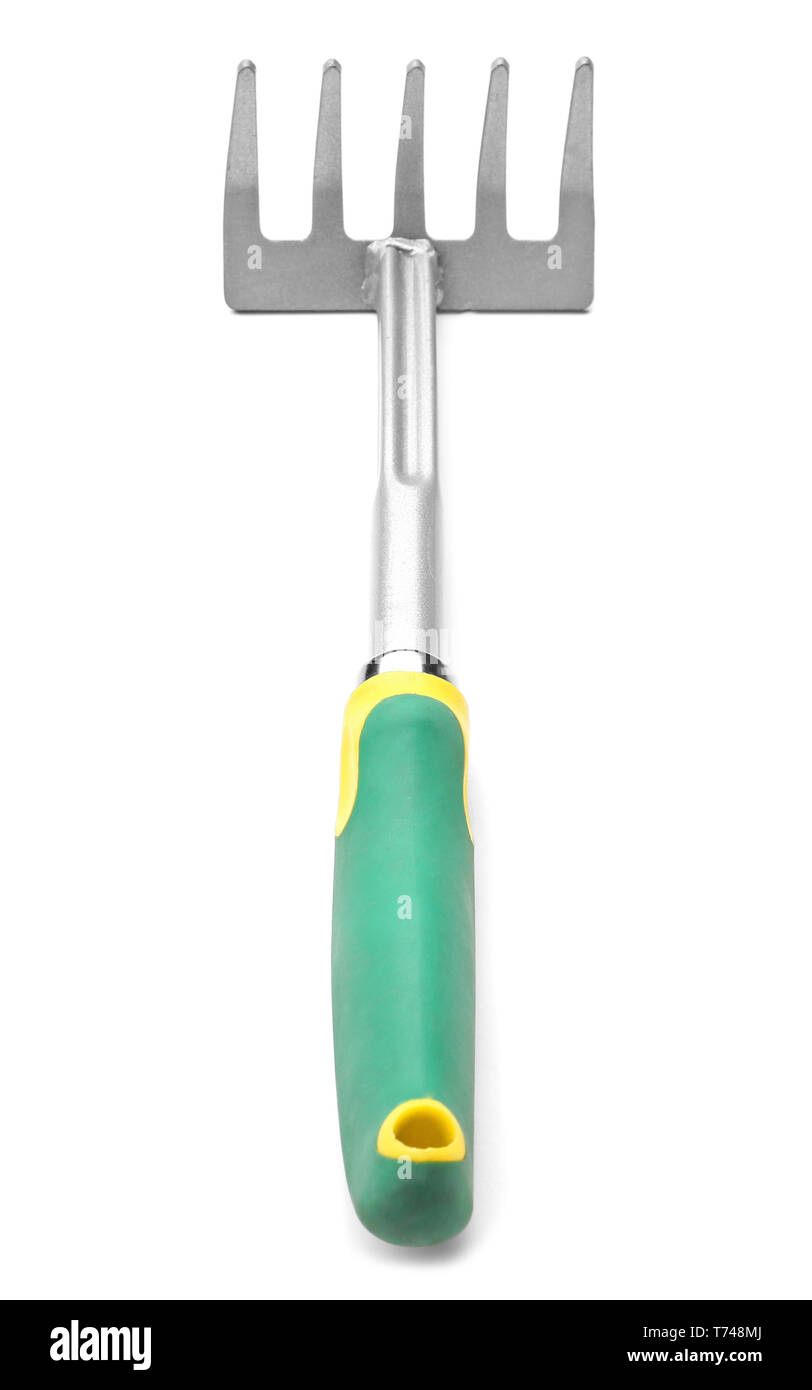 Metal rake for gardening on white background Stock Photo - Alamy
