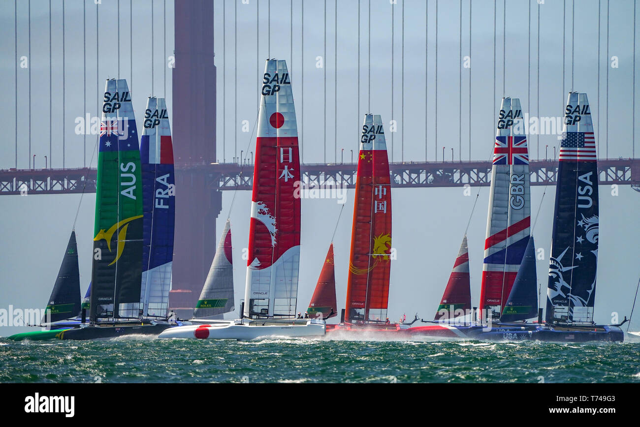 All six F50 catamarans line up with the backdrop of the Golden Gate ...
