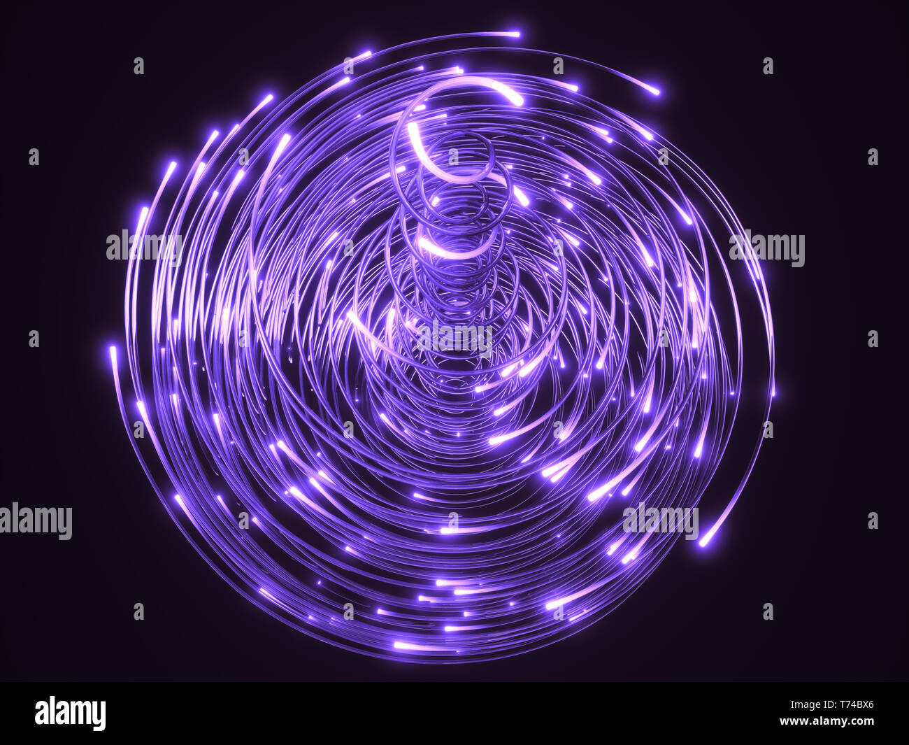 purple fiber optic cables vortex. glass strings glowing in dark. 3d ...
