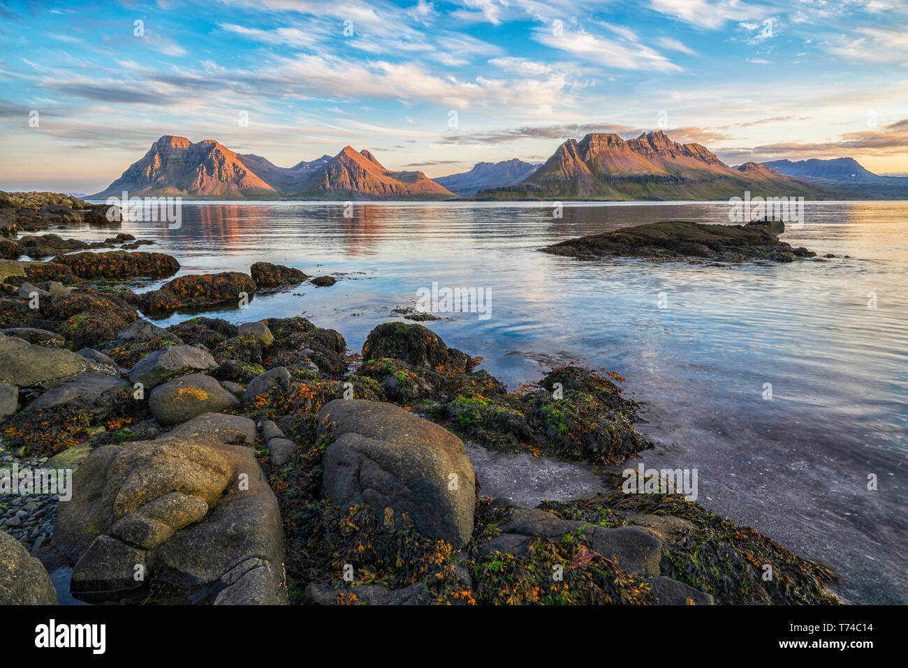 The mountains of the Strandir Coast near the town of Djupaik, with the ...