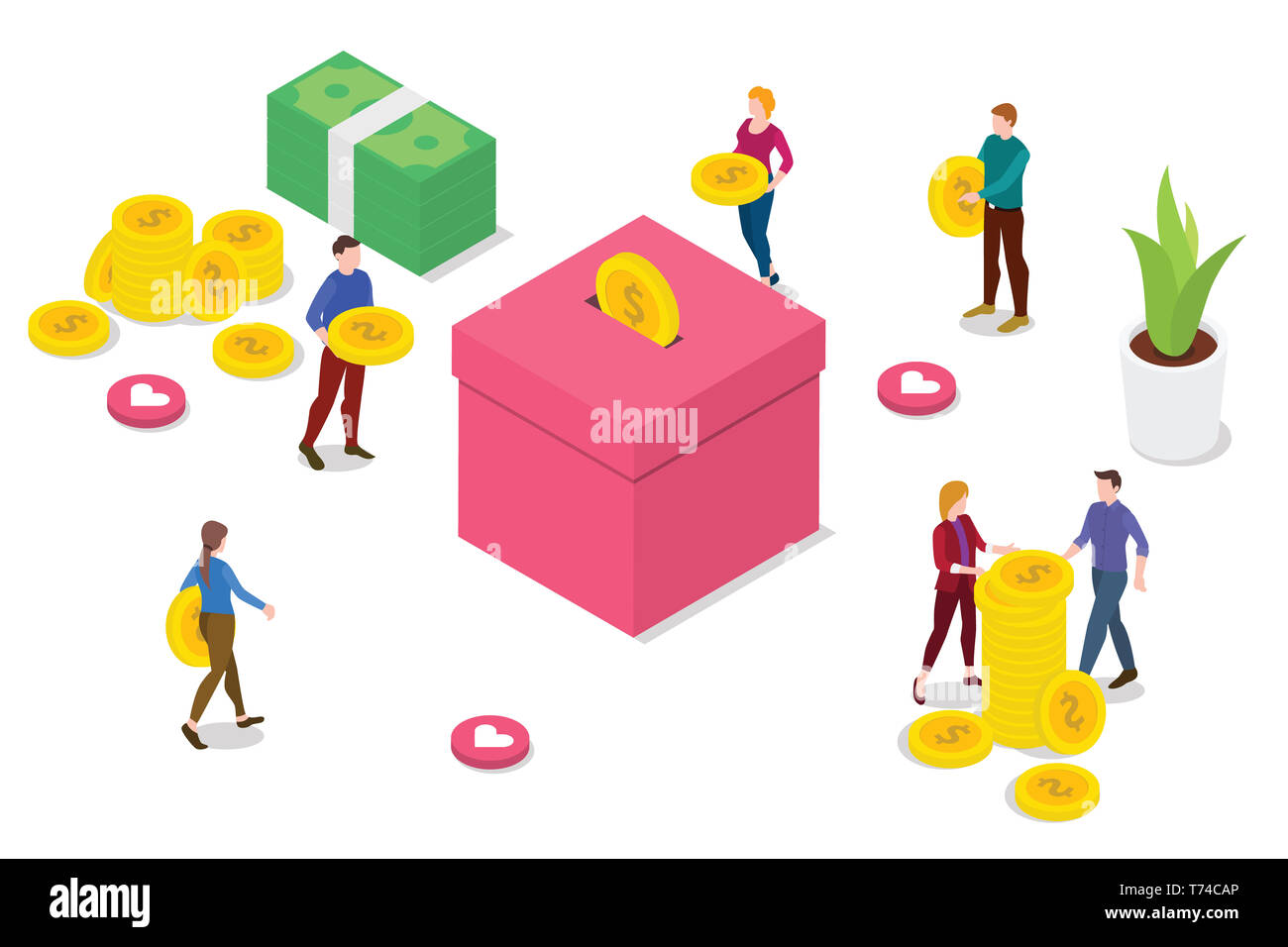 isometric people donation concept with team people bring money to give ...