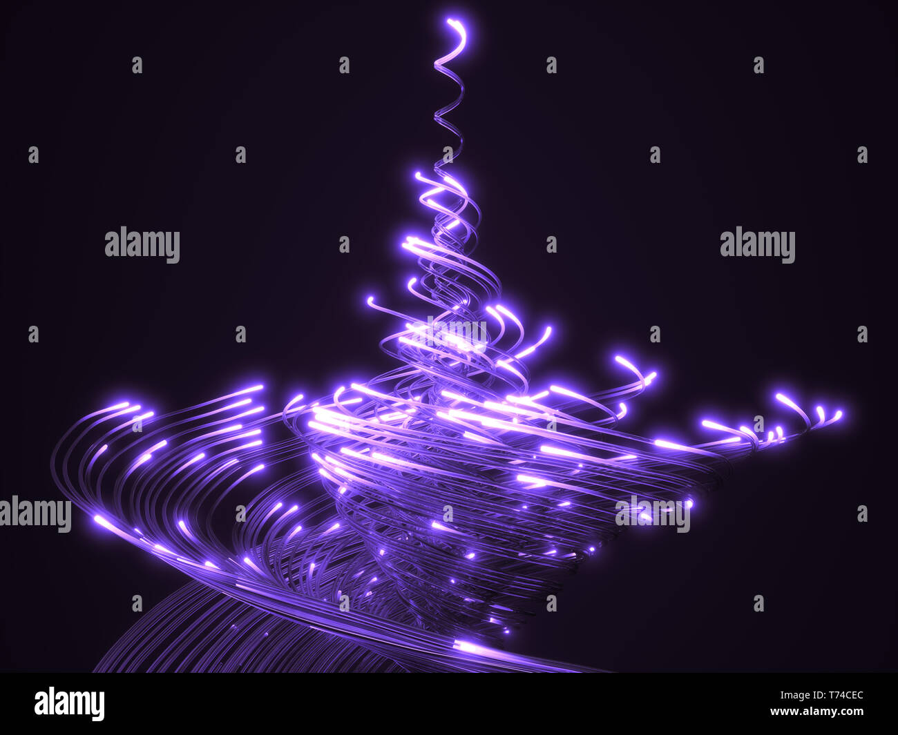 purple fiber optic cables vortex. glass strings glowing in dark. 3d ...