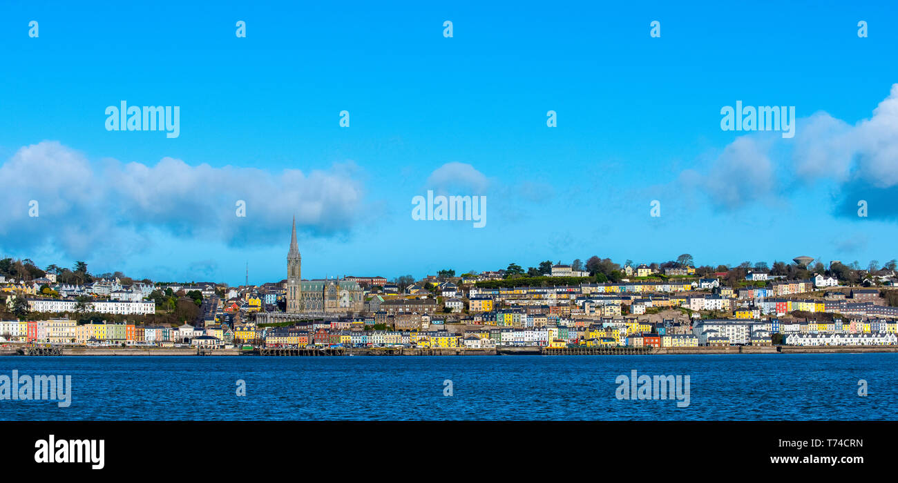 The town of Cobh in County Cork, a tourist seaport town, with the tower ...
