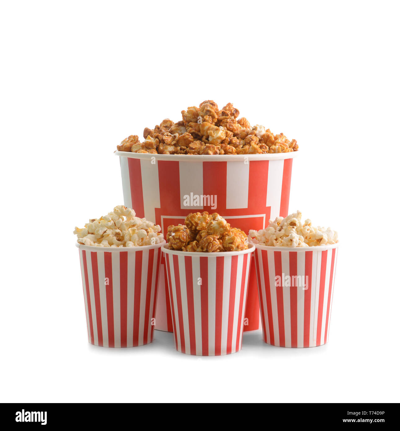 Different paper buckets of tasty popcorn on white background Stock ...