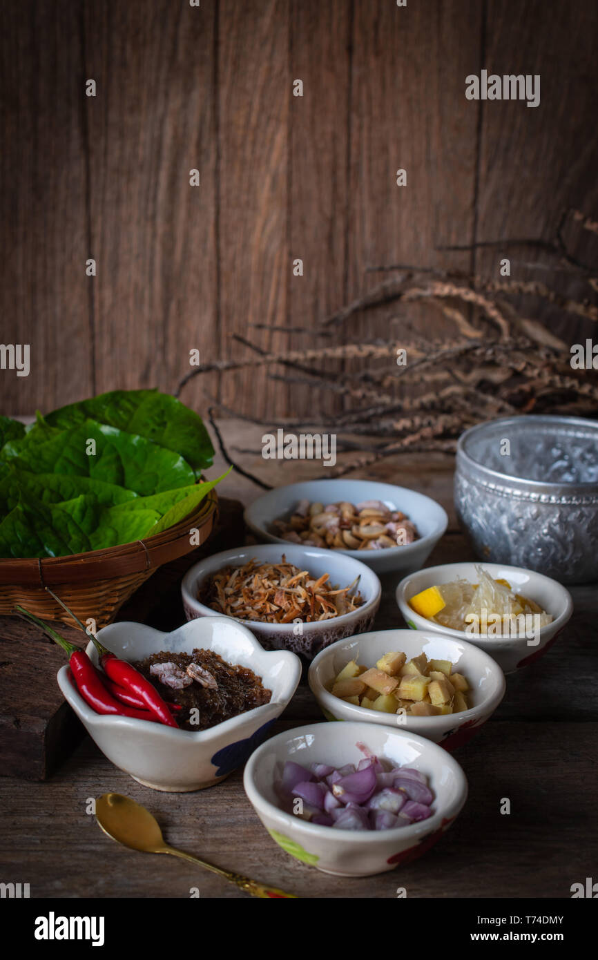 Miang kham,A royal leaf wrap appetizer Consist of Shallot, Ginger ...