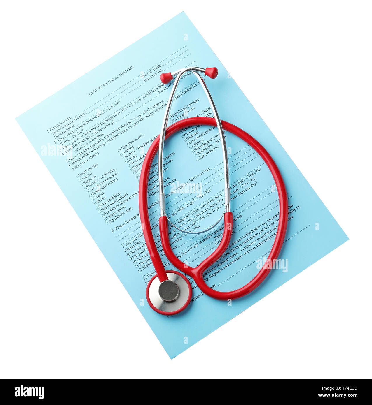 Stethoscope and patient medical history on white background. Health ...