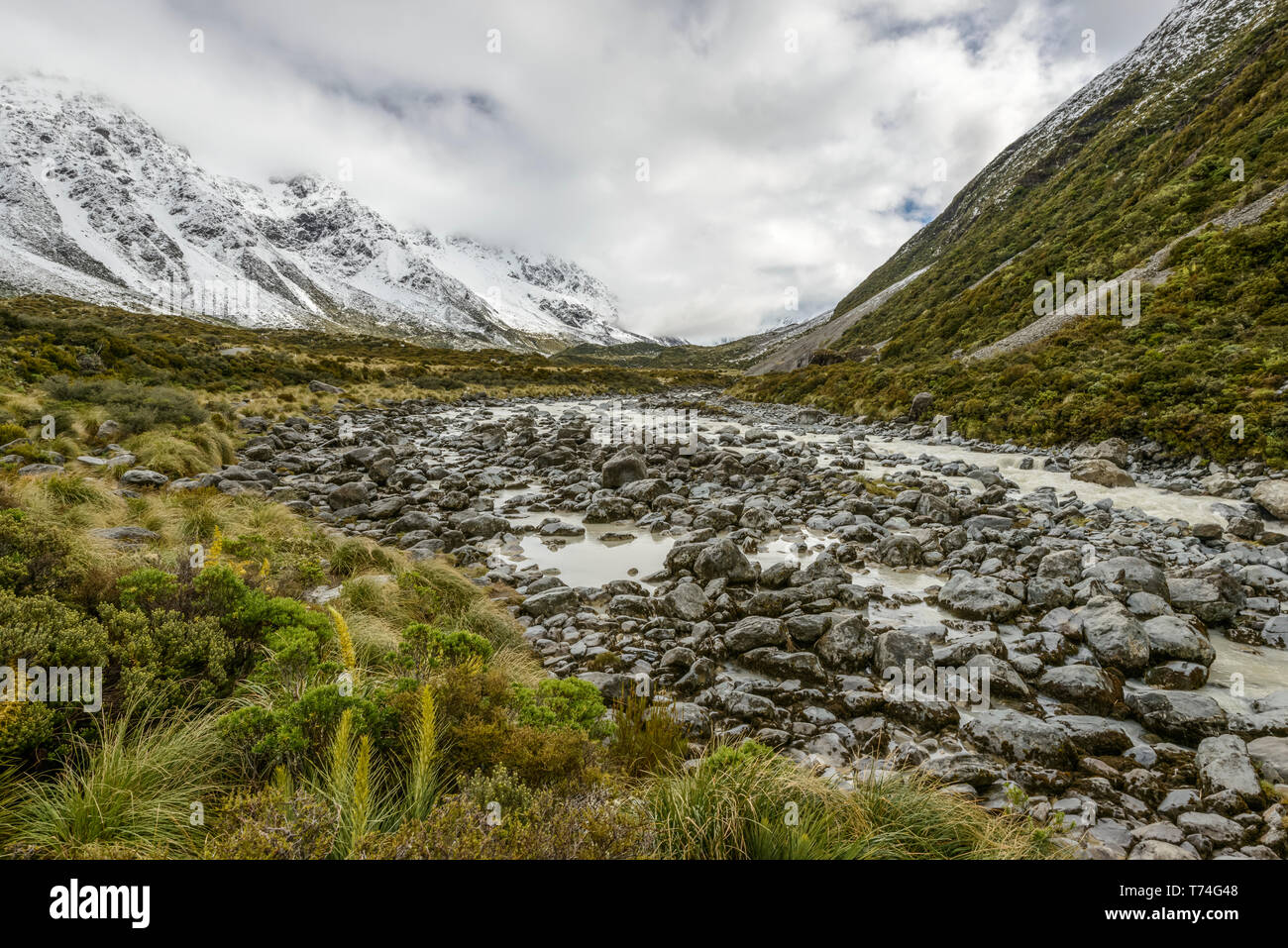 Stony mountain river along the Hooker Valley Track, Mount Cook National ...