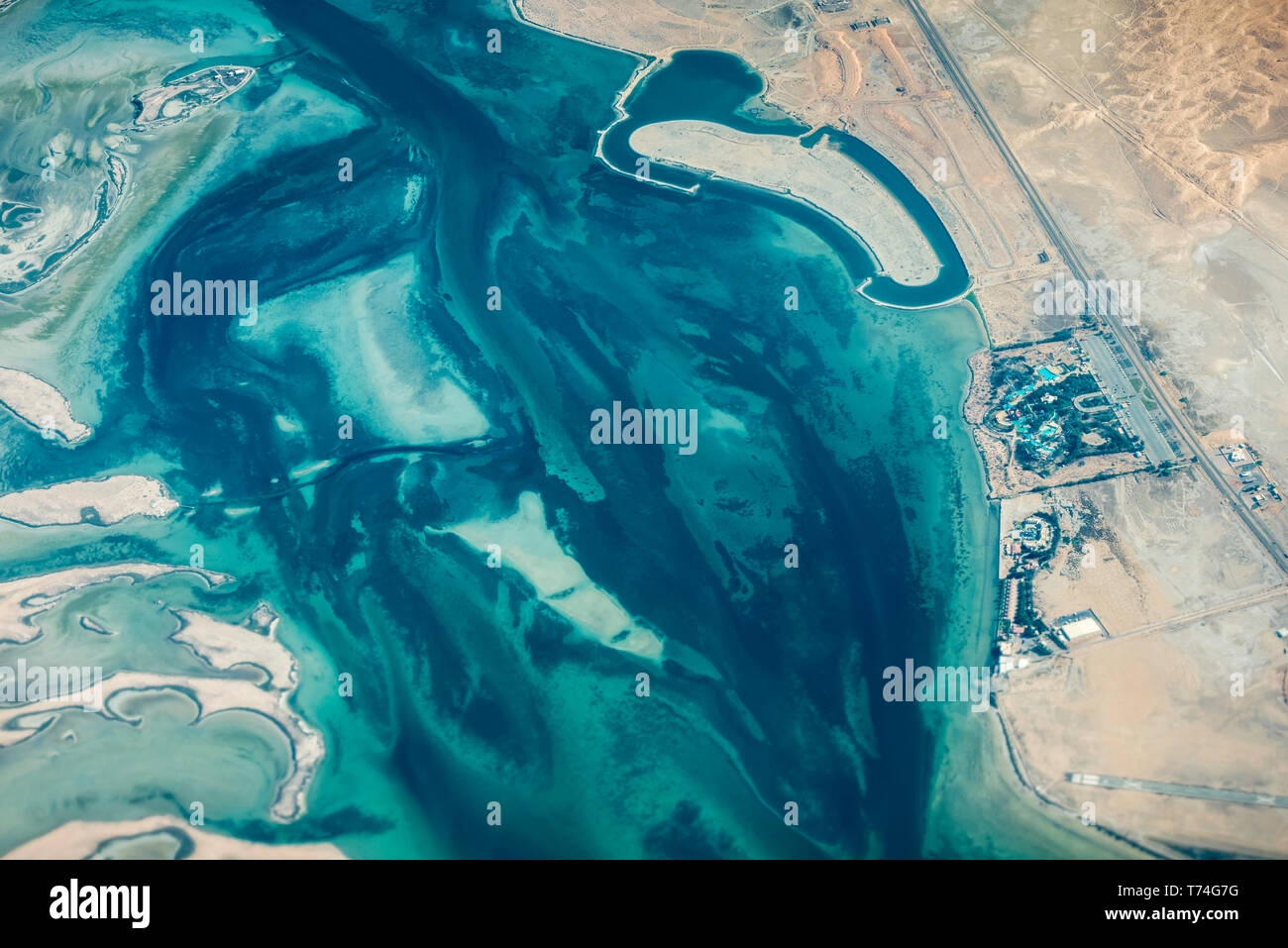 Aerial view of the Persian Gulf coast from the plane; Dubai, United ...
