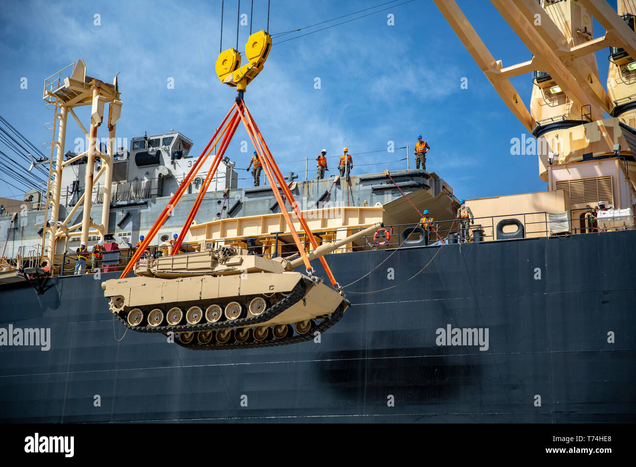A M1A1 Abrams is loaded on the USNS Sgt. William R. Button during an ...