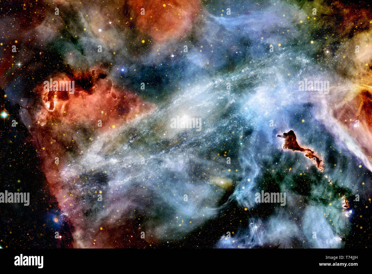 Universe scene with bright stars and galaxies in deep space showing the ...