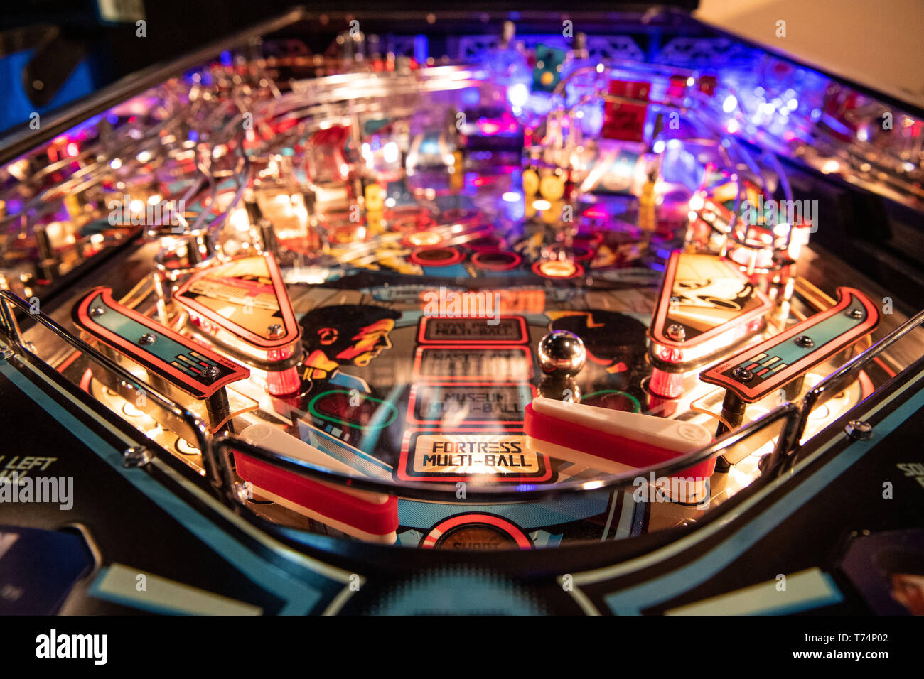 Munich, Germany. 03rd May, 2019. A ball is played in a pinball machine ...