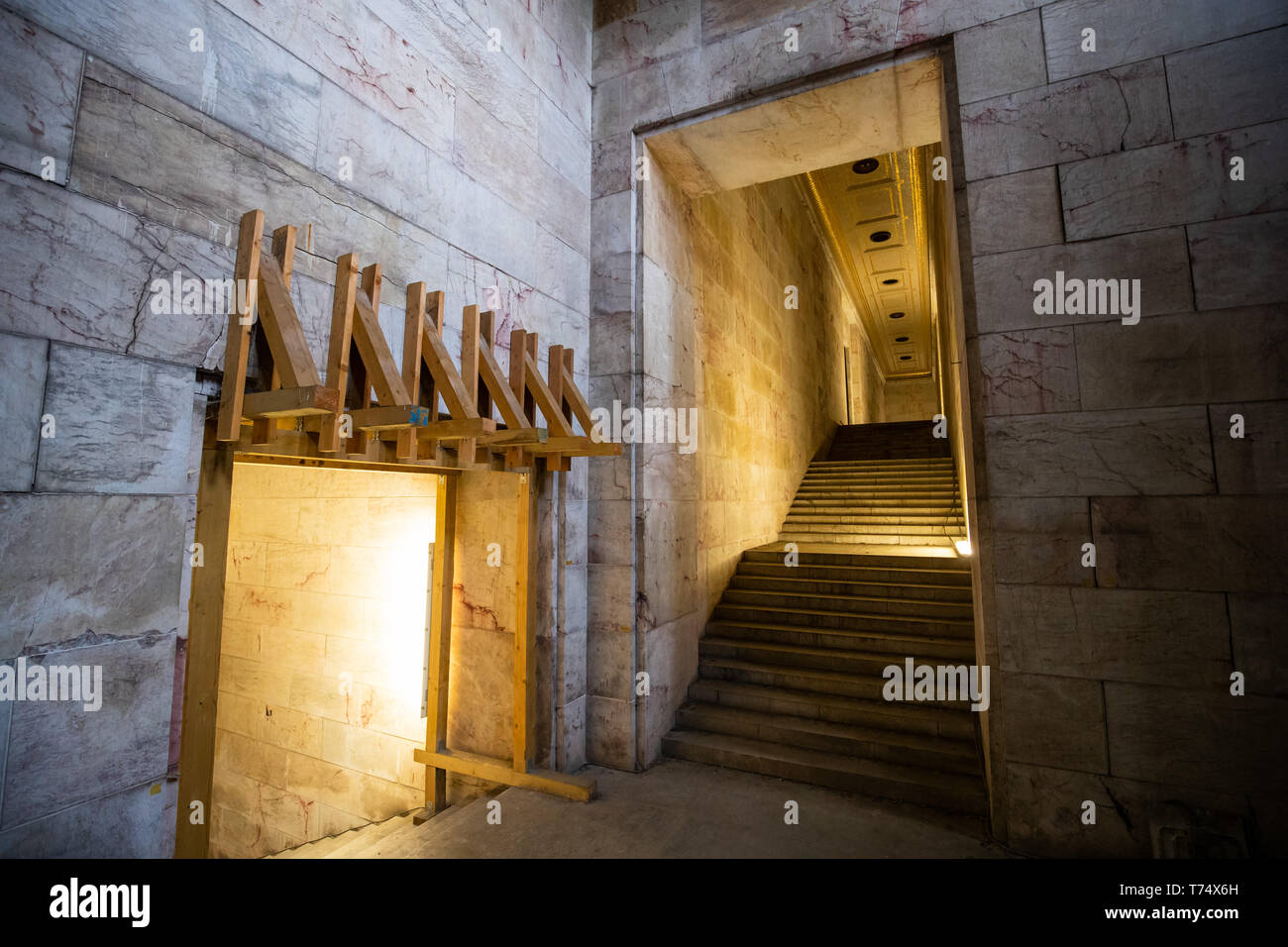 Nuremberg, Germany. 04th May, 2019. Wooden beams stand as supports ...