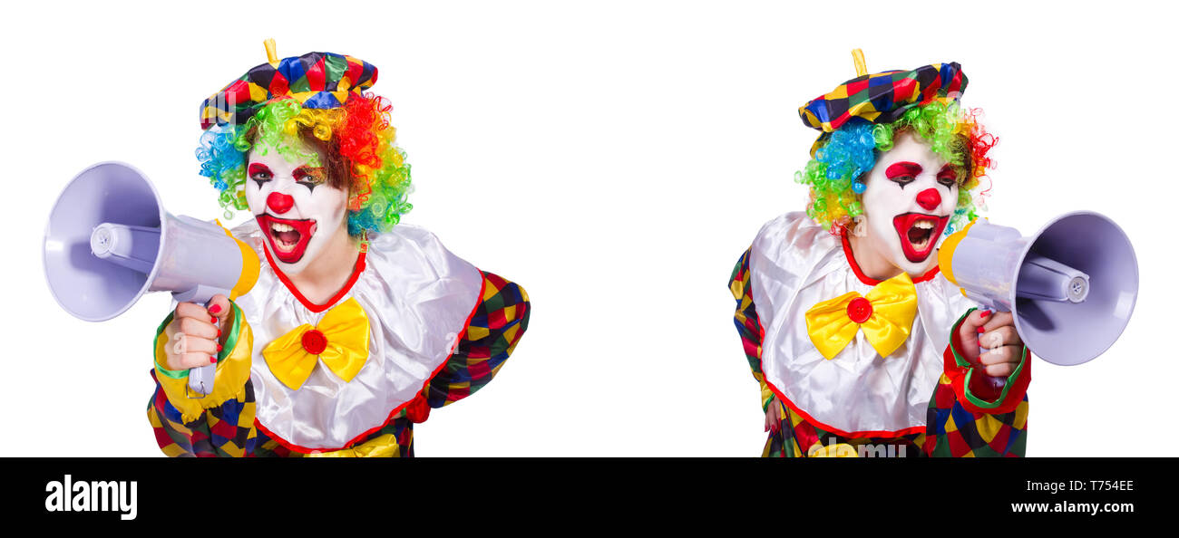 Funny male clown with megaphone Stock Photo - Alamy