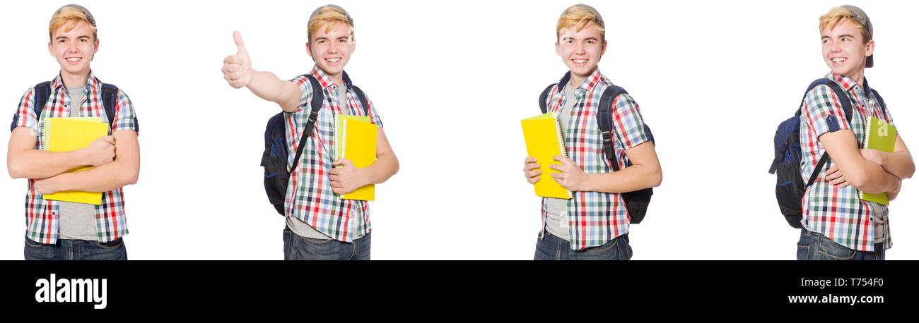 Student with backpack and notes isolated on white Stock Photo - Alamy