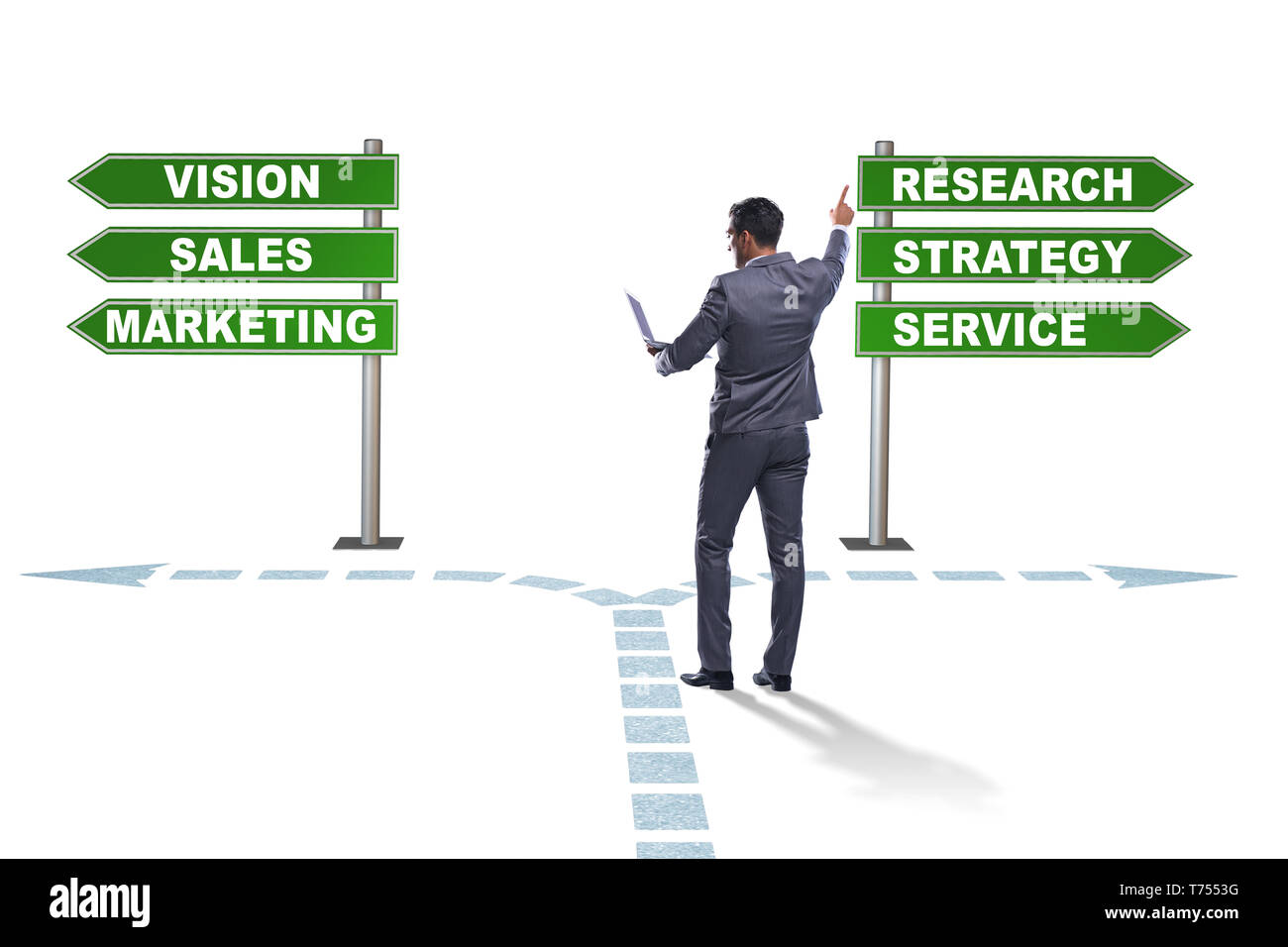 Businessman standing at crossroads of corporate strategy Stock Photo ...