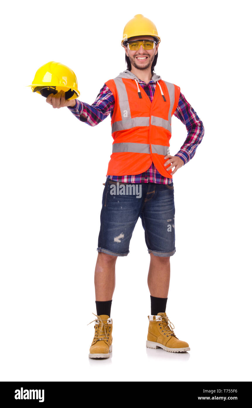 Young male builder contractor isolated on white Stock Photo - Alamy