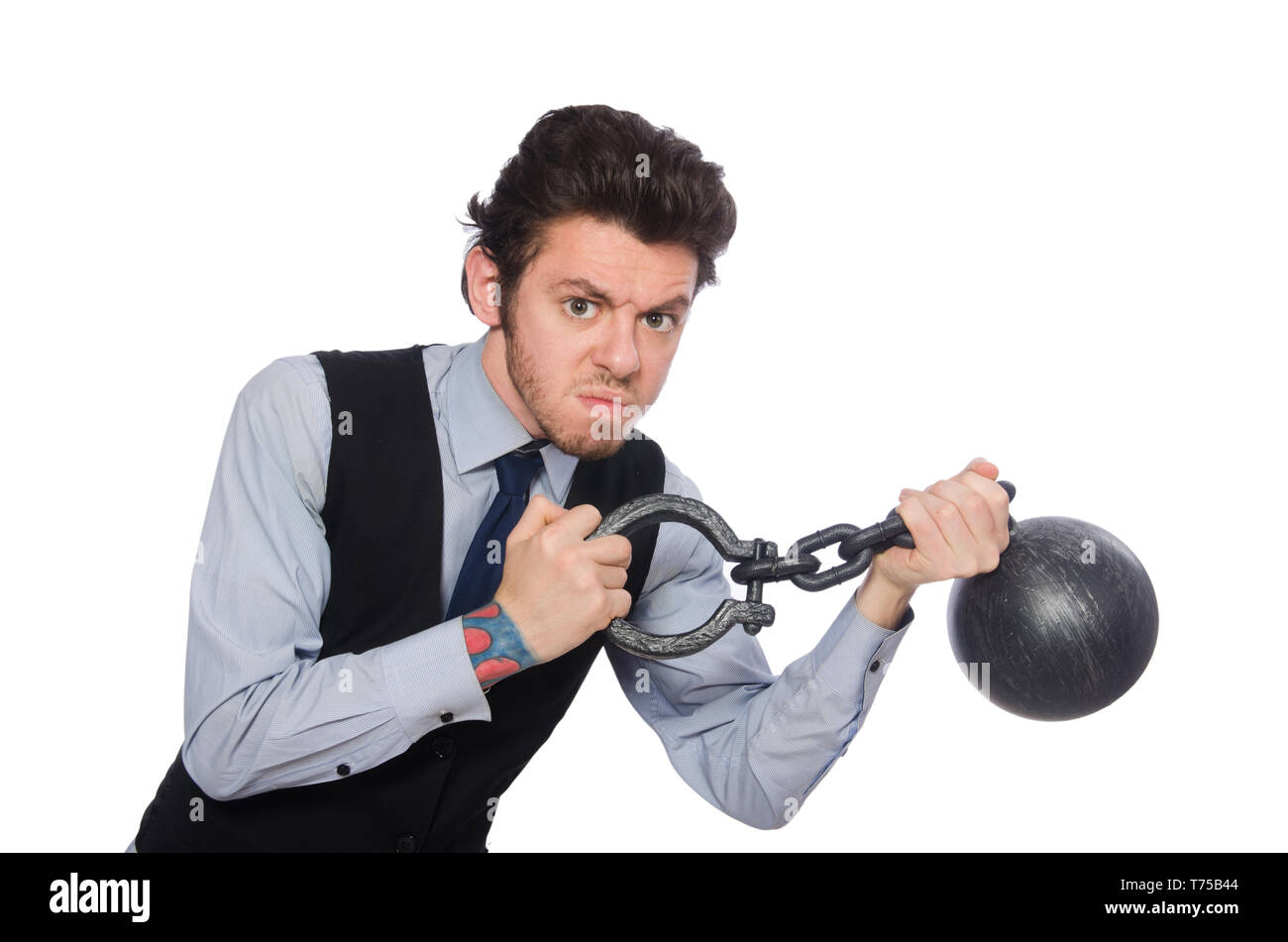 Chained male employee isolated on white Stock Photo - Alamy