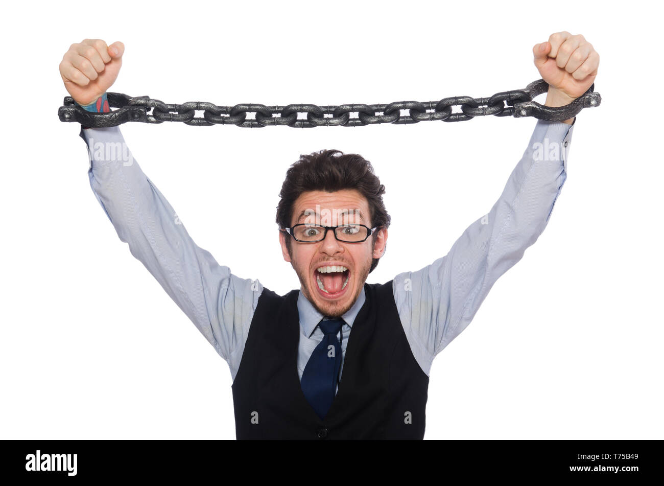 Chained male employee isolated on white Stock Photo - Alamy