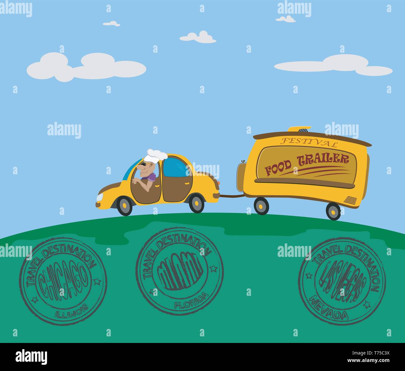 chef in a car with a trailer to go to the food festival Stock Vector ...