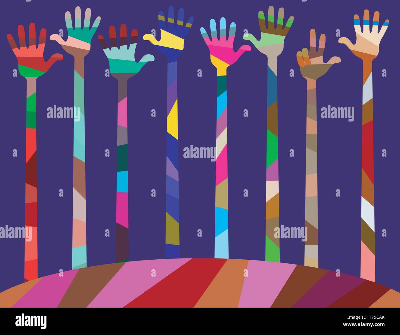 many different colored hands. palms raised up and bent fingers. vector ...