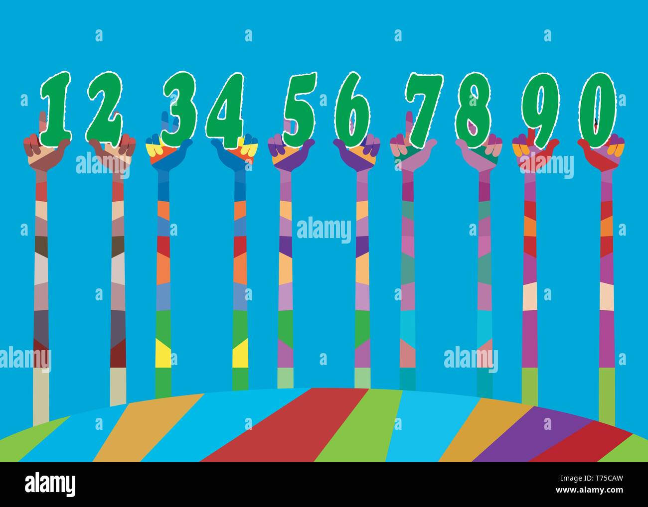 many different colored hands. palm lifted upwards and raise the numbers ...