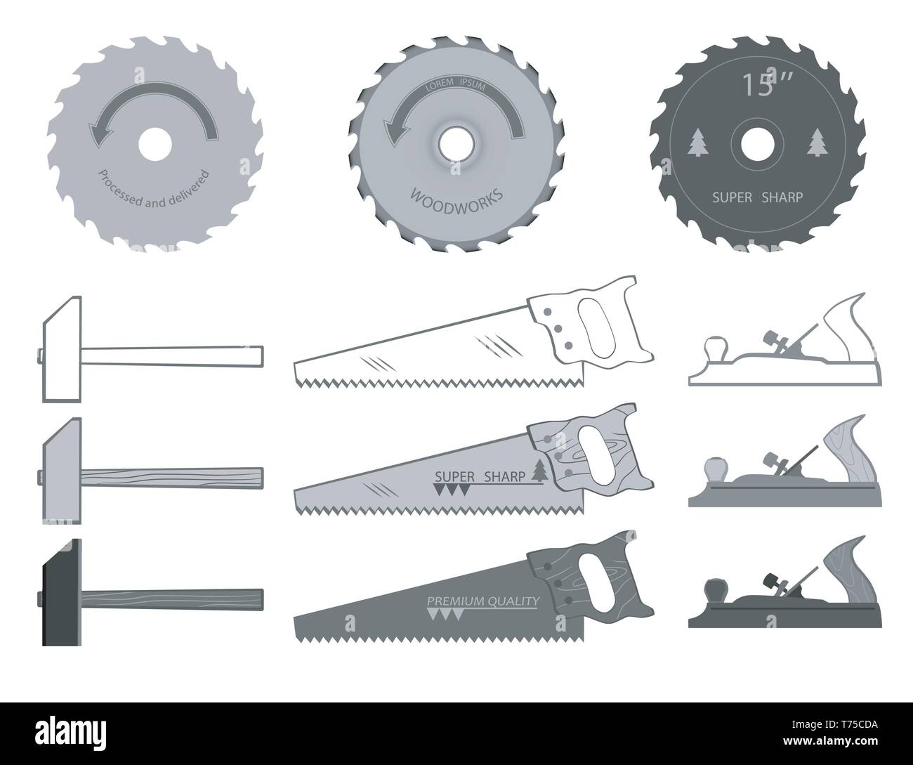 set of tools for working with wood. have a hammer, planer, circular saw ...