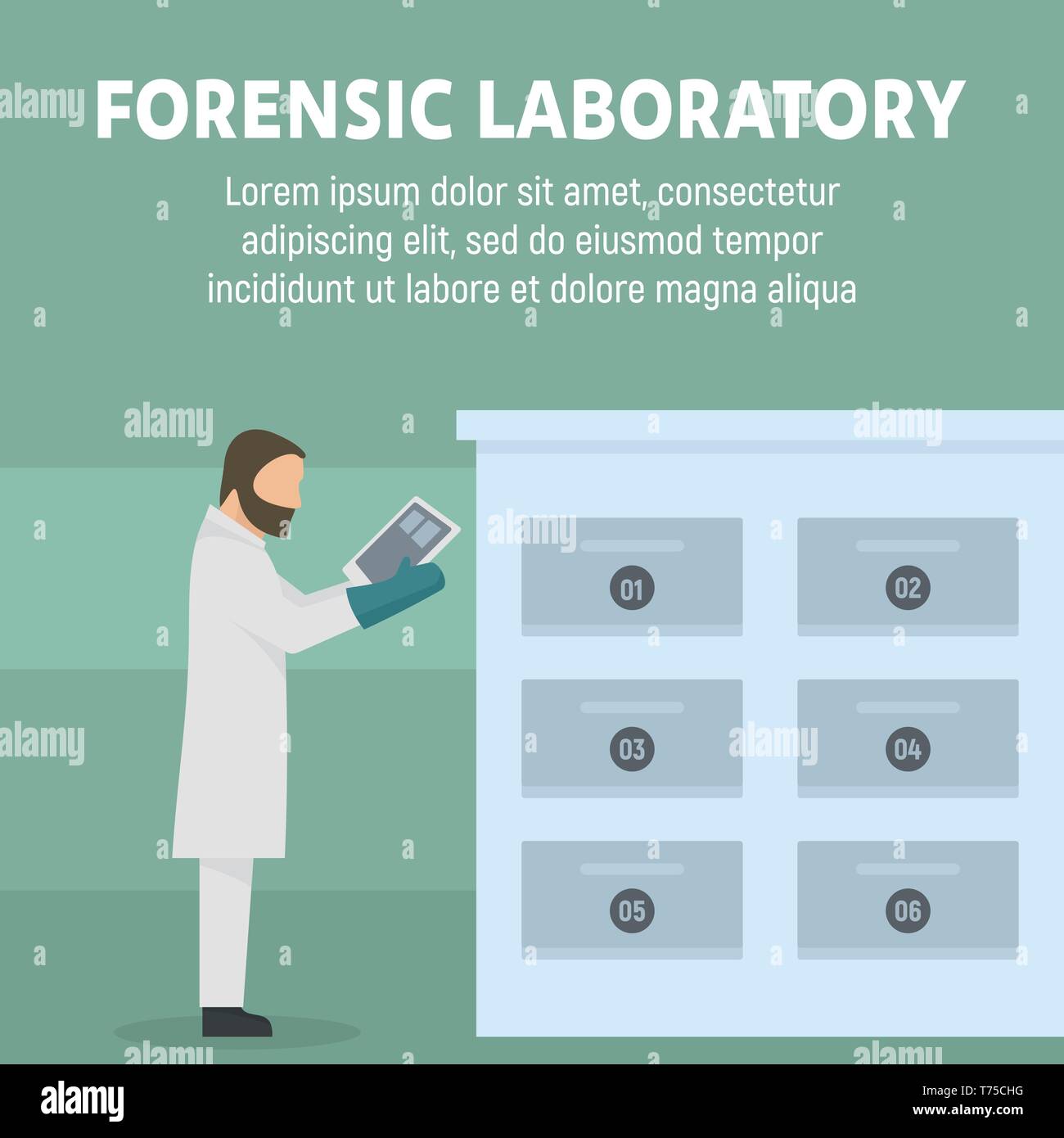 Forensic laboratory stand concept background. Flat illustration of ...