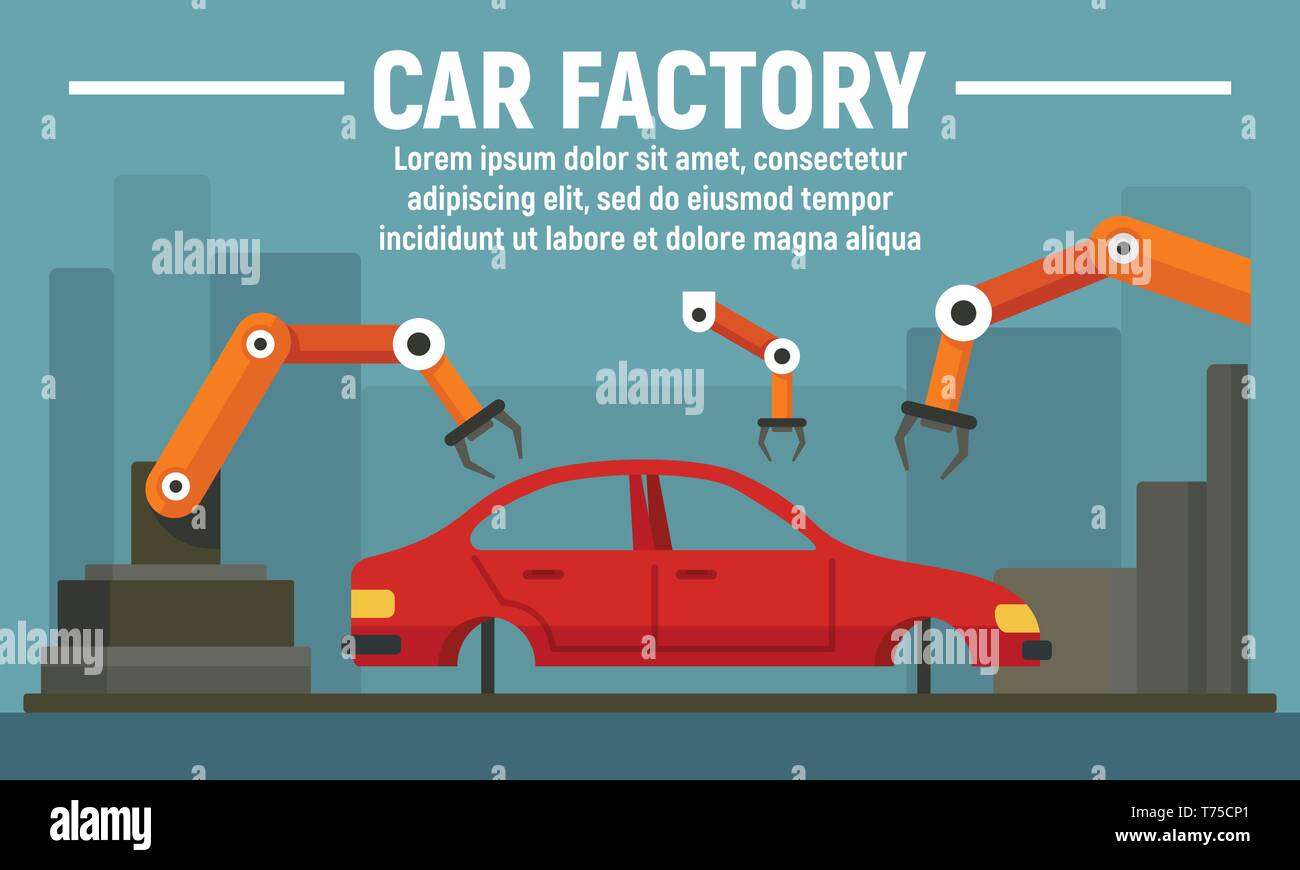 Car factory concept banner. Flat illustration of car factory vector ...
