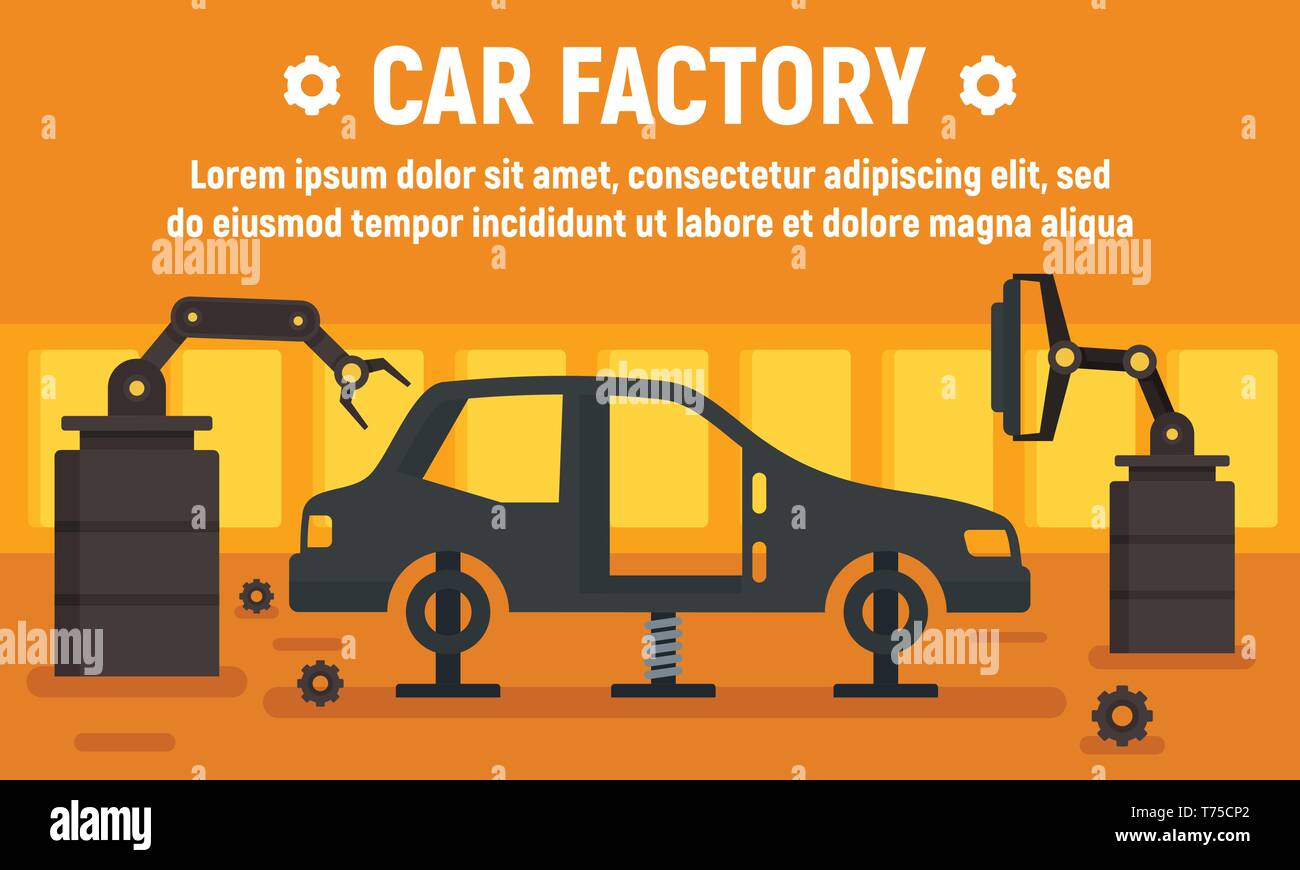 Car factory assembly line concept banner. Flat illustration of car ...