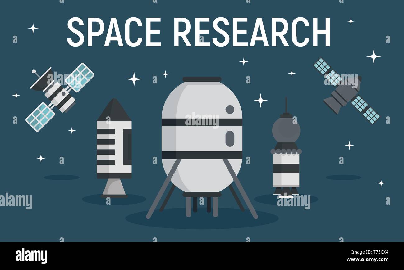 Space research equipment concept banner. Flat illustration of space ...
