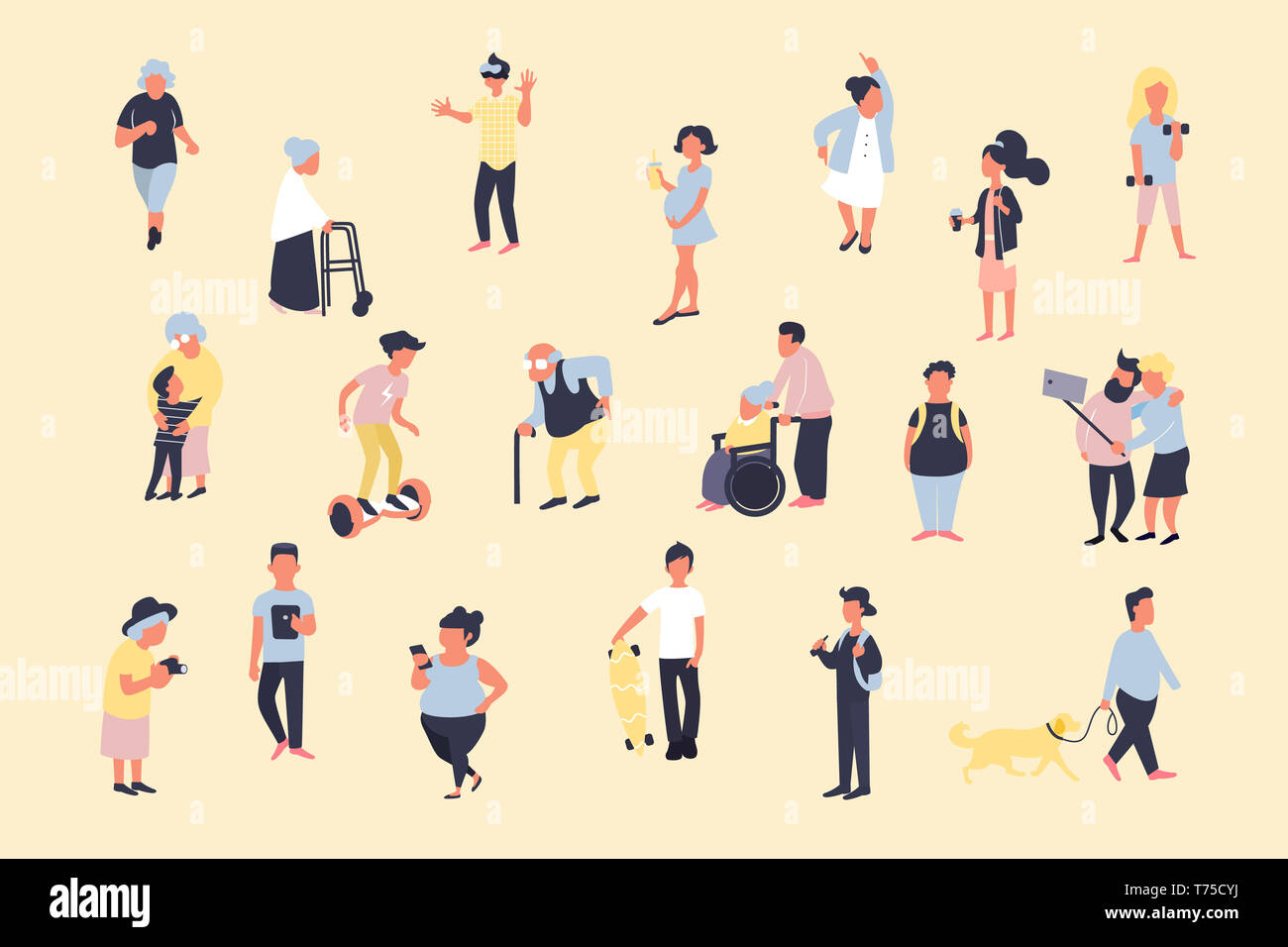 Set of cartoon people walking on street. Crowd of male and female tiny ...