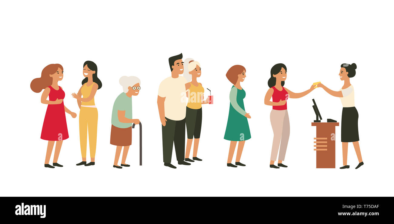 People waiting in long queue at counter with old woman young couple ... People waiting in long queue at counter with old woman young couple ...