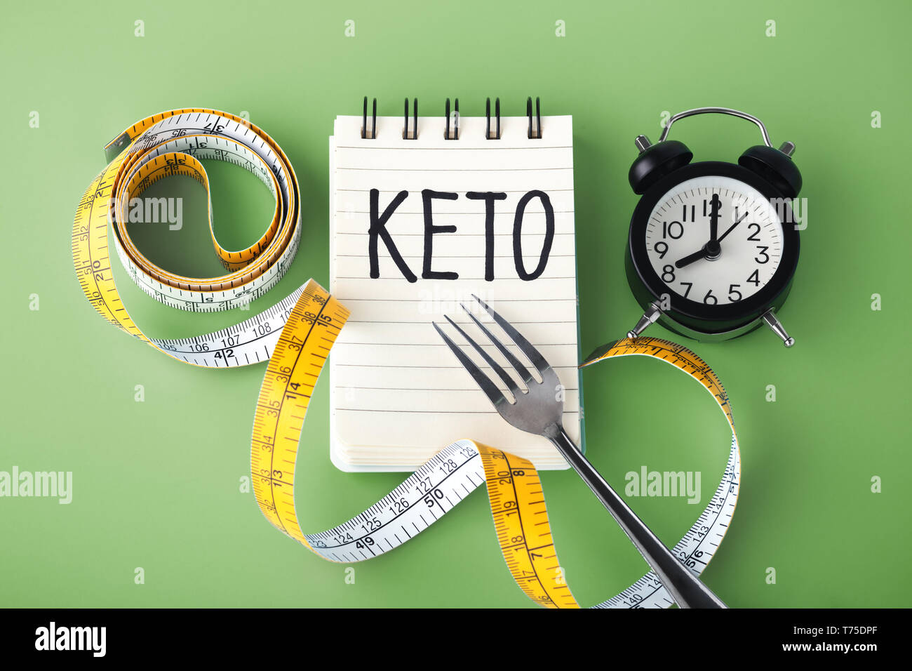 Keto word with clock fork and measuring tape around, intermittent ...