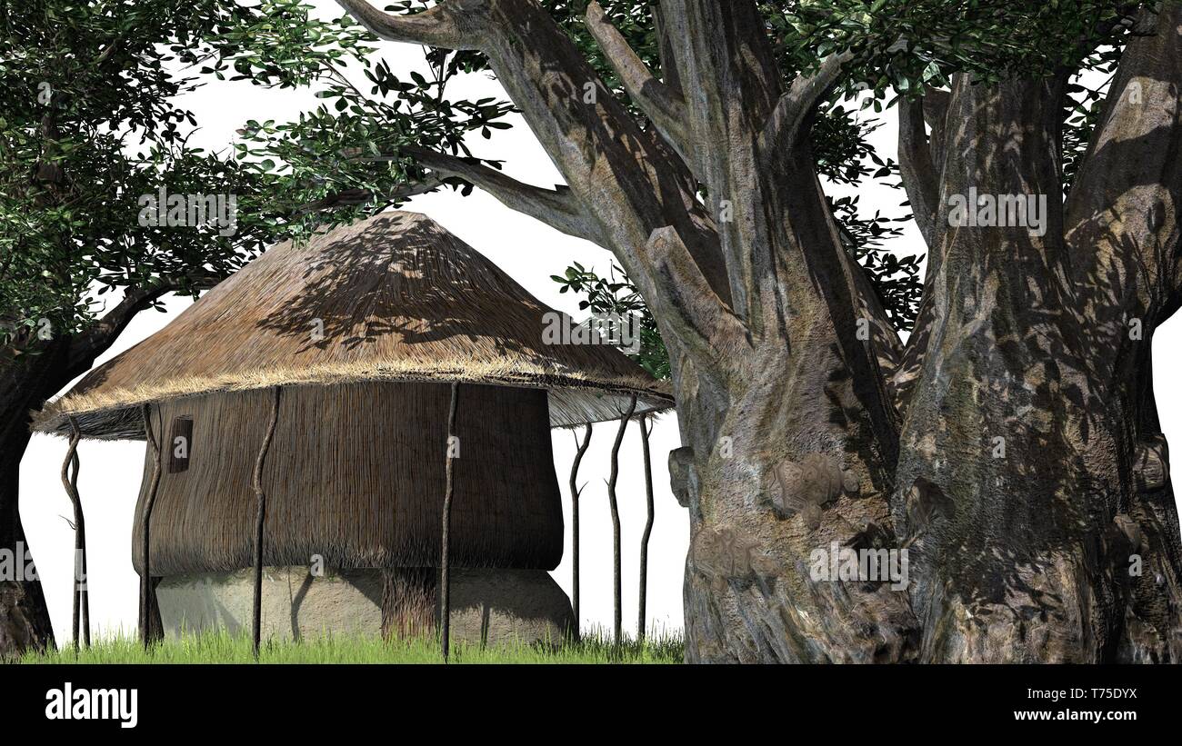thatched hut between trees - isolated on white background Stock Photo ...