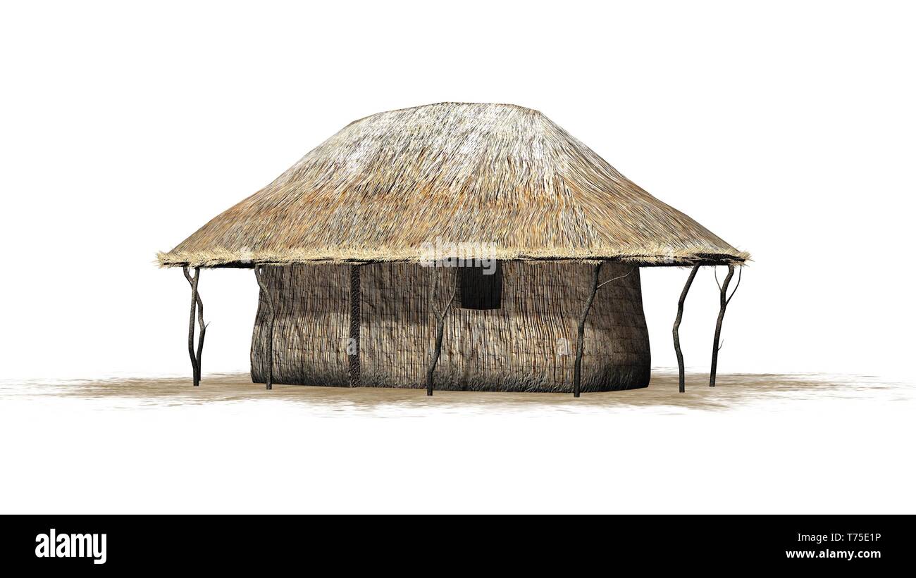Thatch hut on a sand area - isolated on white background Stock Photo ...