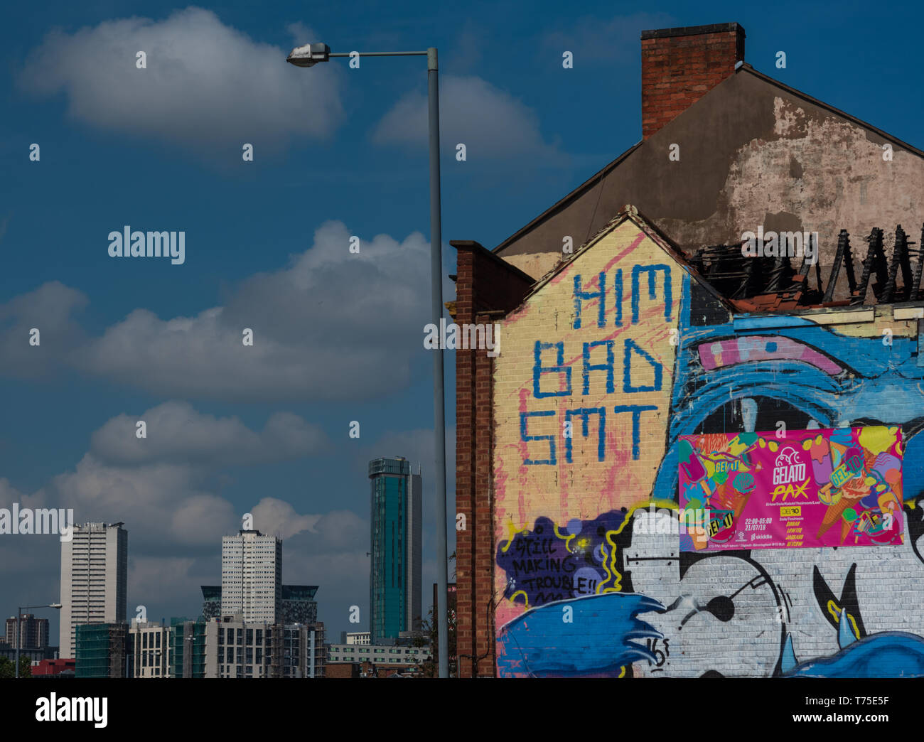 Graffiti on burned out building in Birmingham, England with modern high ...