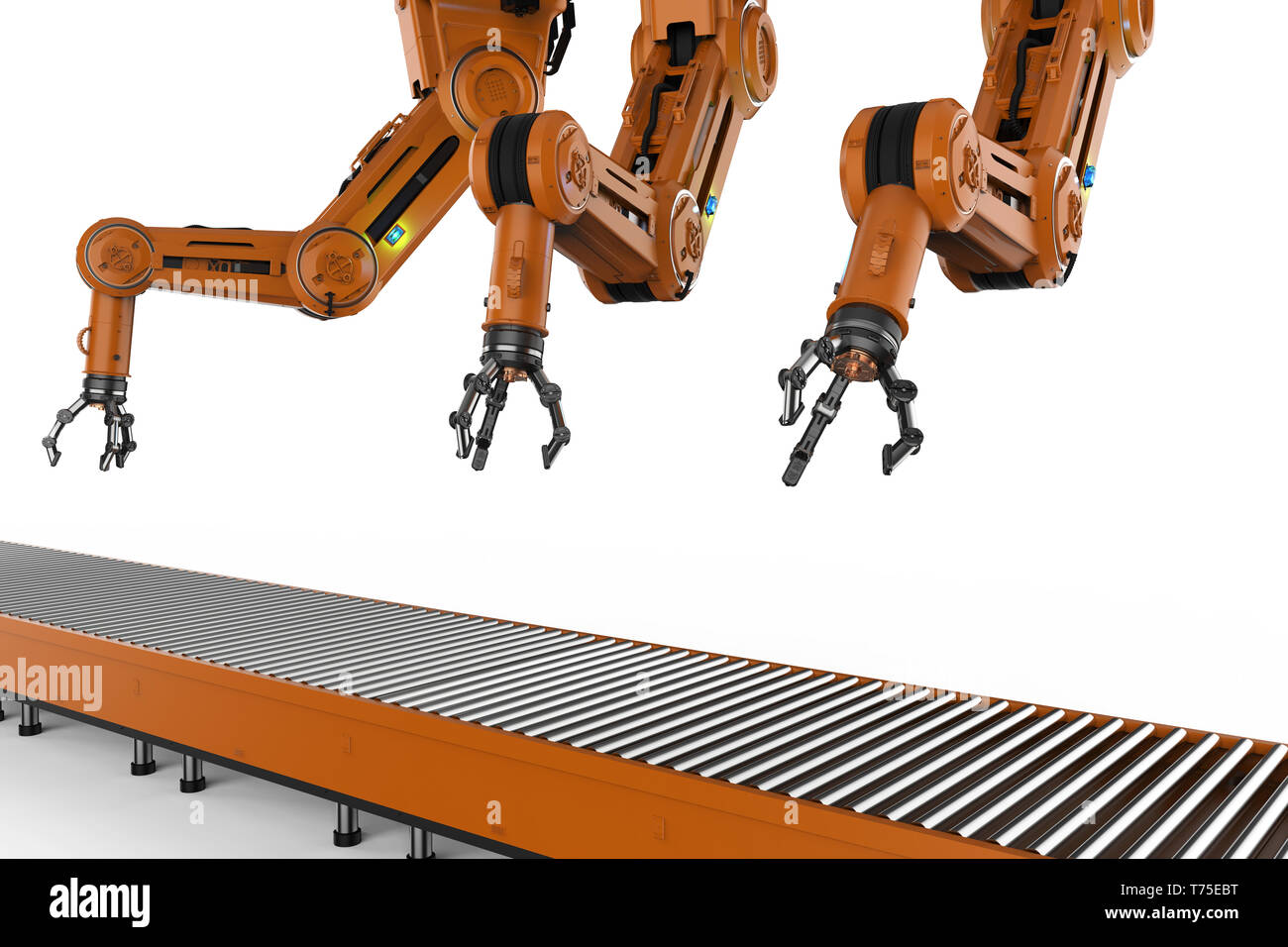 Automation factory concept with 3d rendering robot assembly line with empty conveyor belt Stock ...