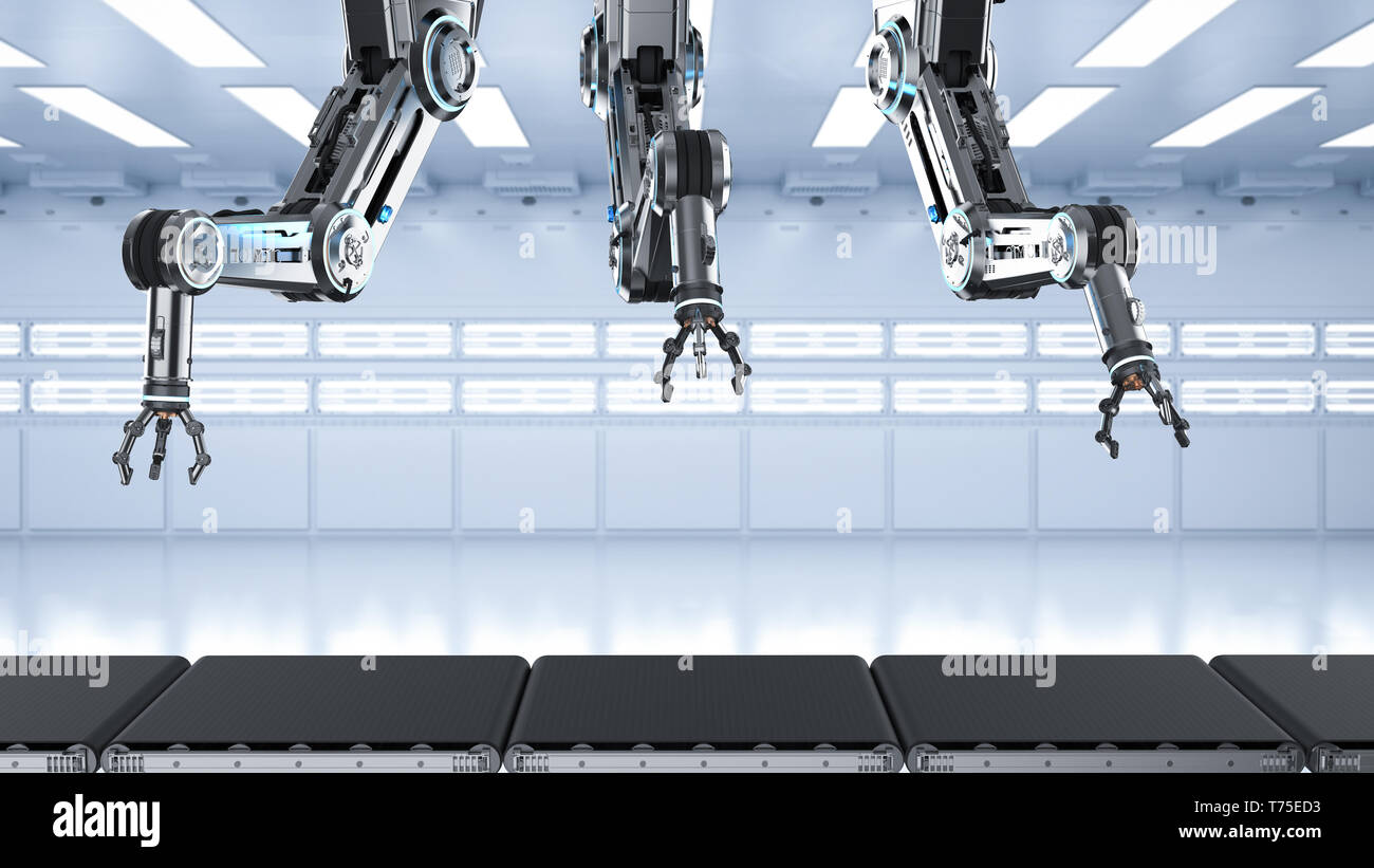 Automation factory concept with 3d rendering robot assembly line with empty conveyor belt Stock ...