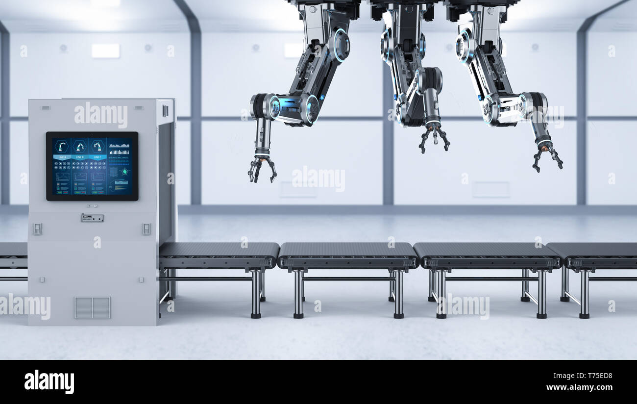 Automation factory concept with 3d rendering robot assembly line with empty conveyor belt Stock ...