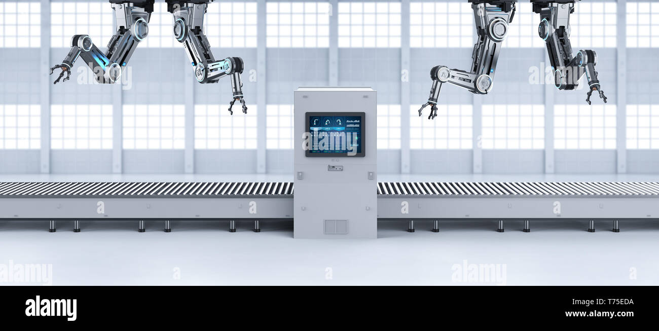 Automation factory concept with 3d rendering robot assembly line with empty conveyor belt Stock ...