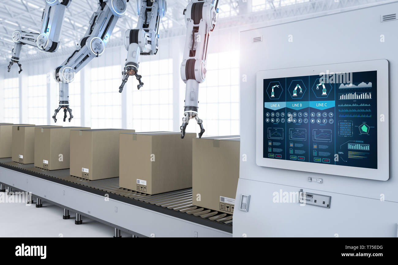 Automation industry concept with 3d rendering robot assembly line in factory Stock Photo - Alamy