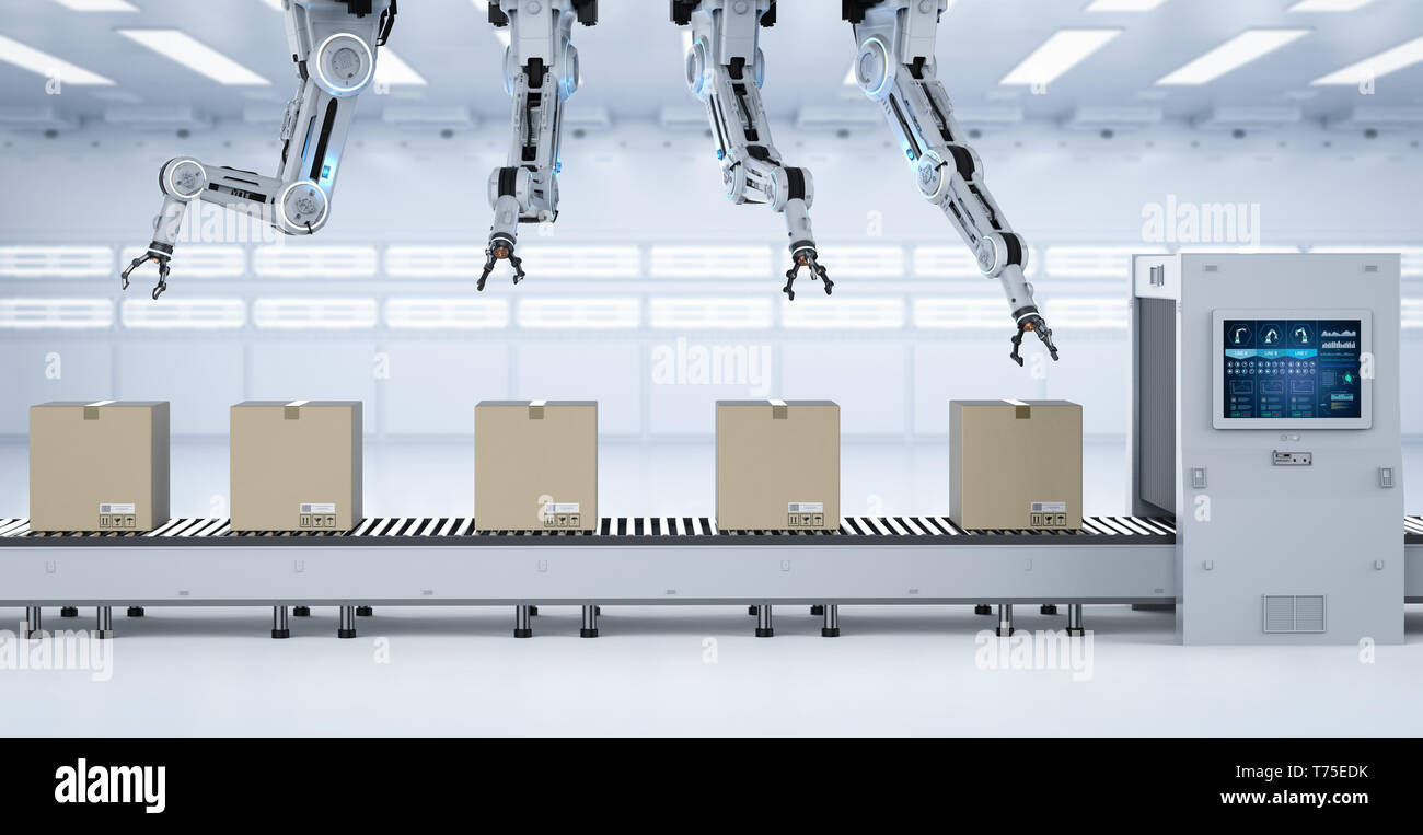 Automation industry concept with 3d rendering robot assembly line in factory Stock Photo - Alamy
