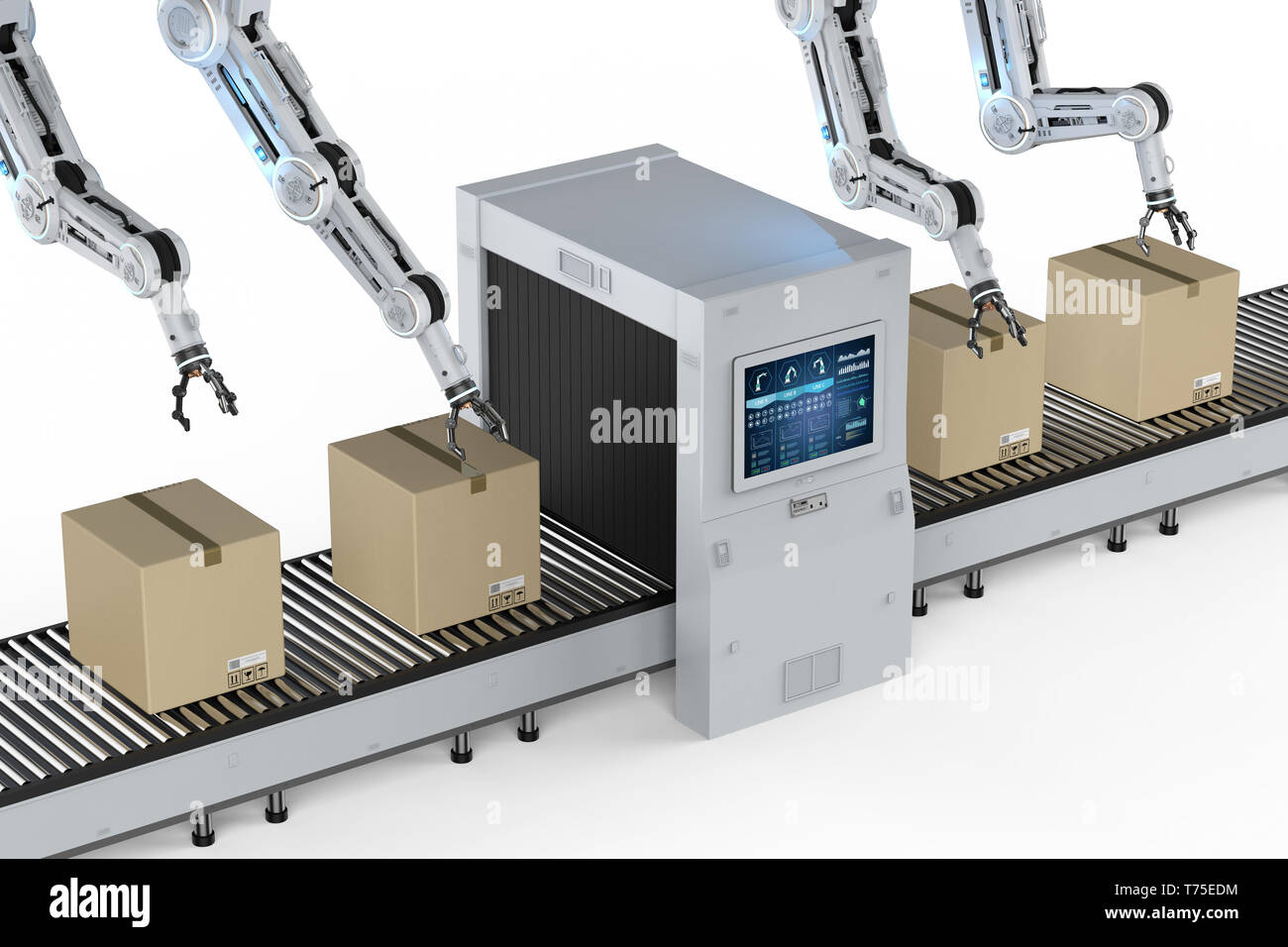 Automation industry concept with 3d rendering robot assembly line in factory Stock Photo - Alamy