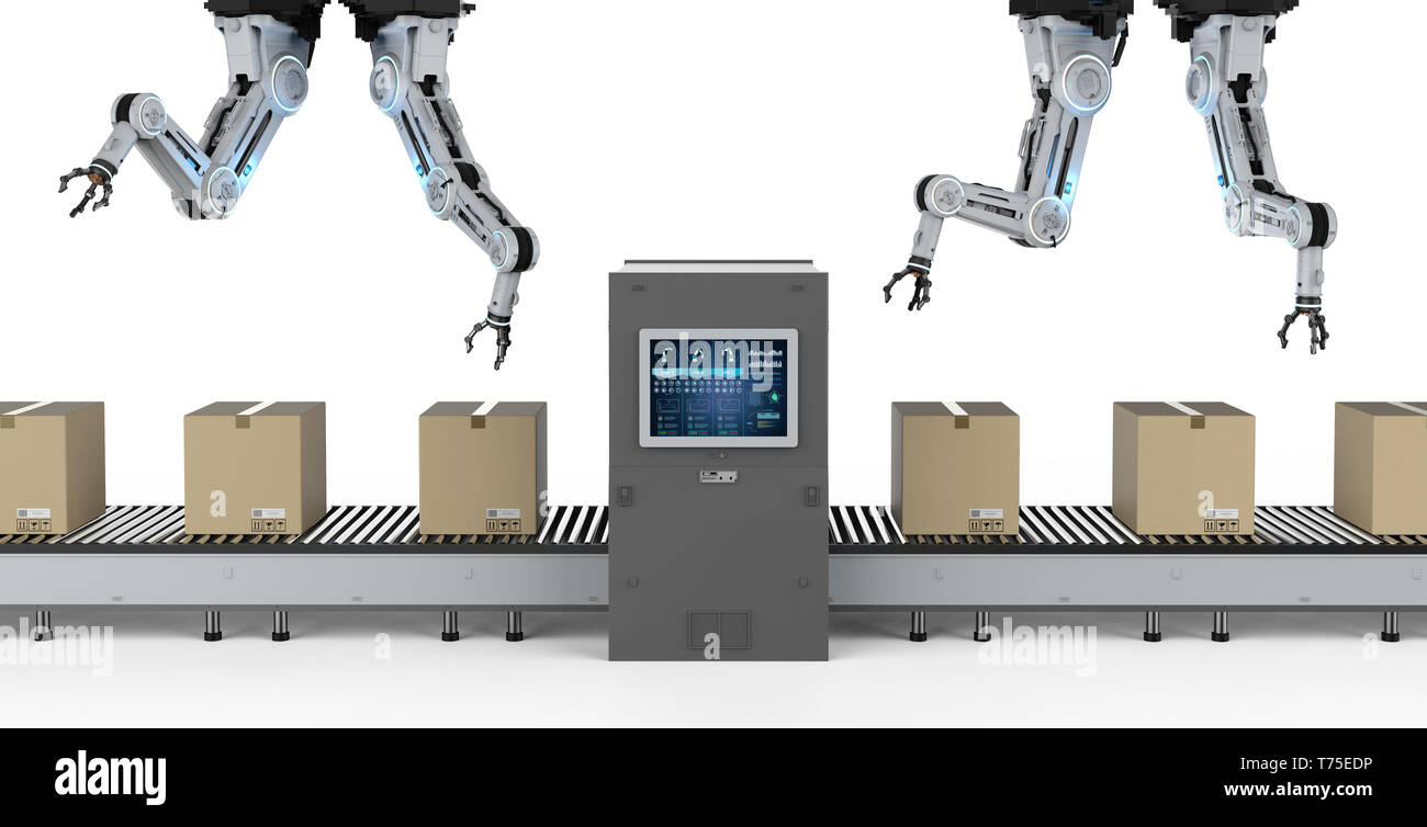 Automation industry concept with 3d rendering robot assembly line in ...